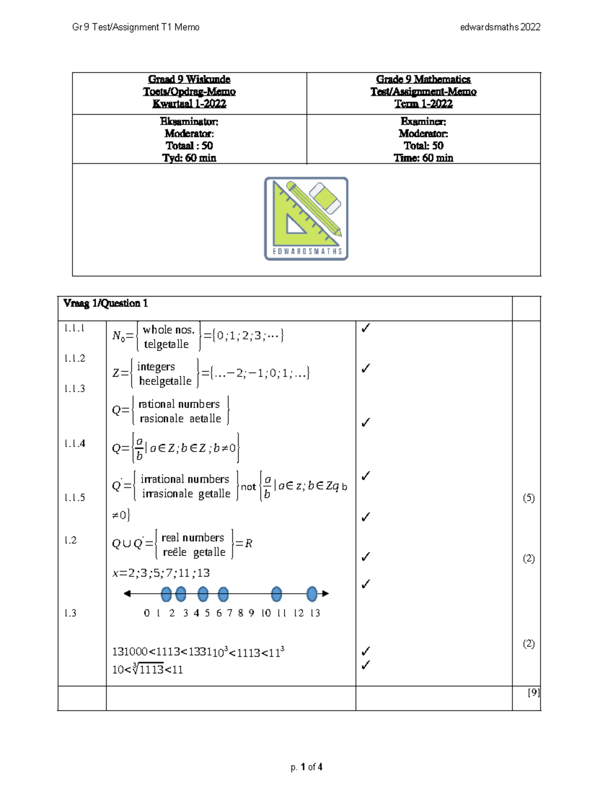 Gr 9 Edwardsmaths Test or Assignment Whole numbers and Integers T1 2022 ...