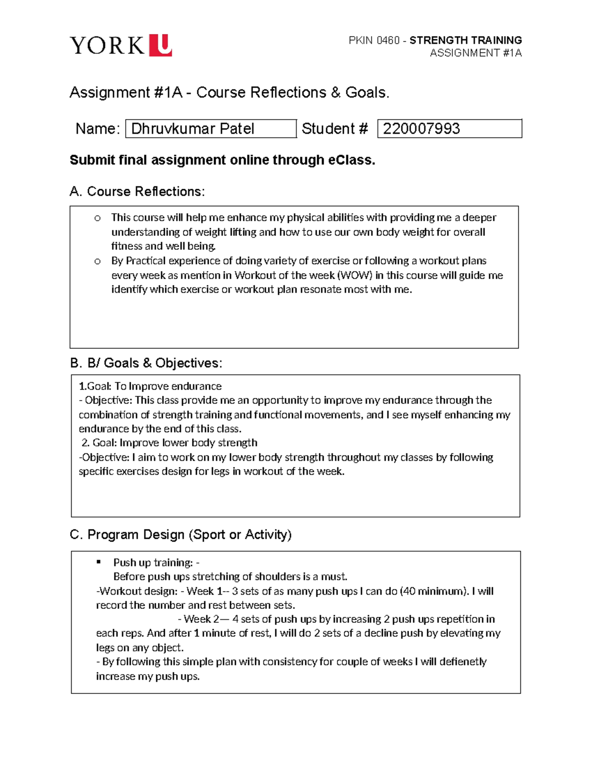 Pkin assignm 1A - Pkin - PKIN 0460 - STRENGTH TRAINING ASSIGNMENT #1A ...