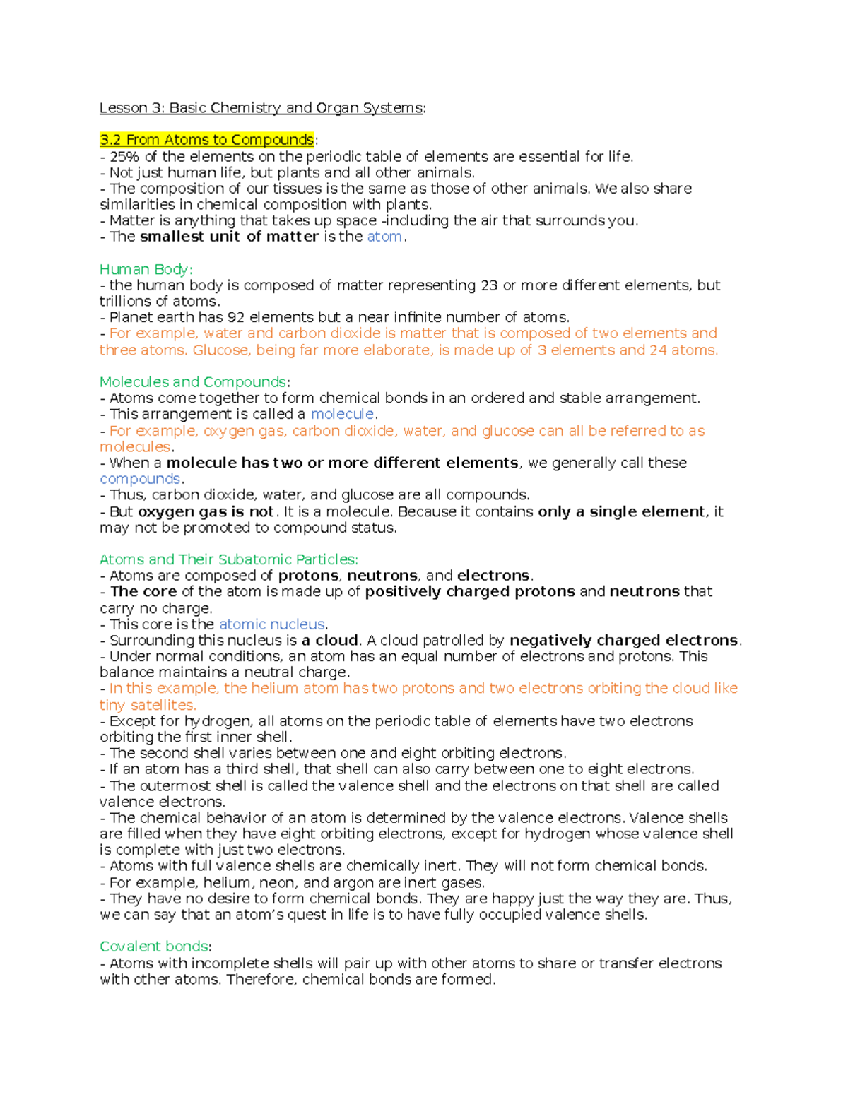 Lesson 3- basic chemistry and organ system - Lesson 3: Basic Chemistry ...