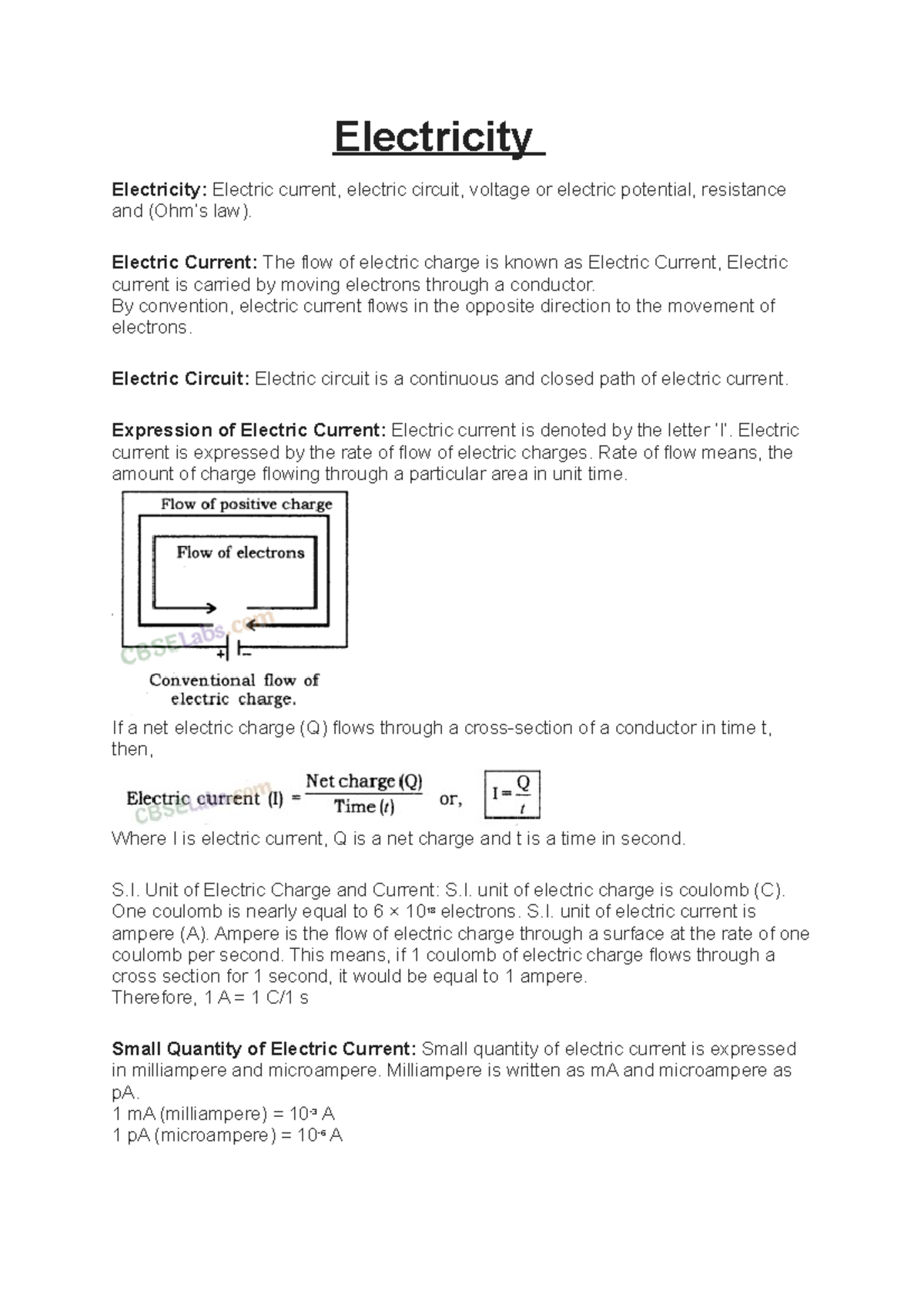 Electricity notes. - Electricity Electricity: Electric current ...