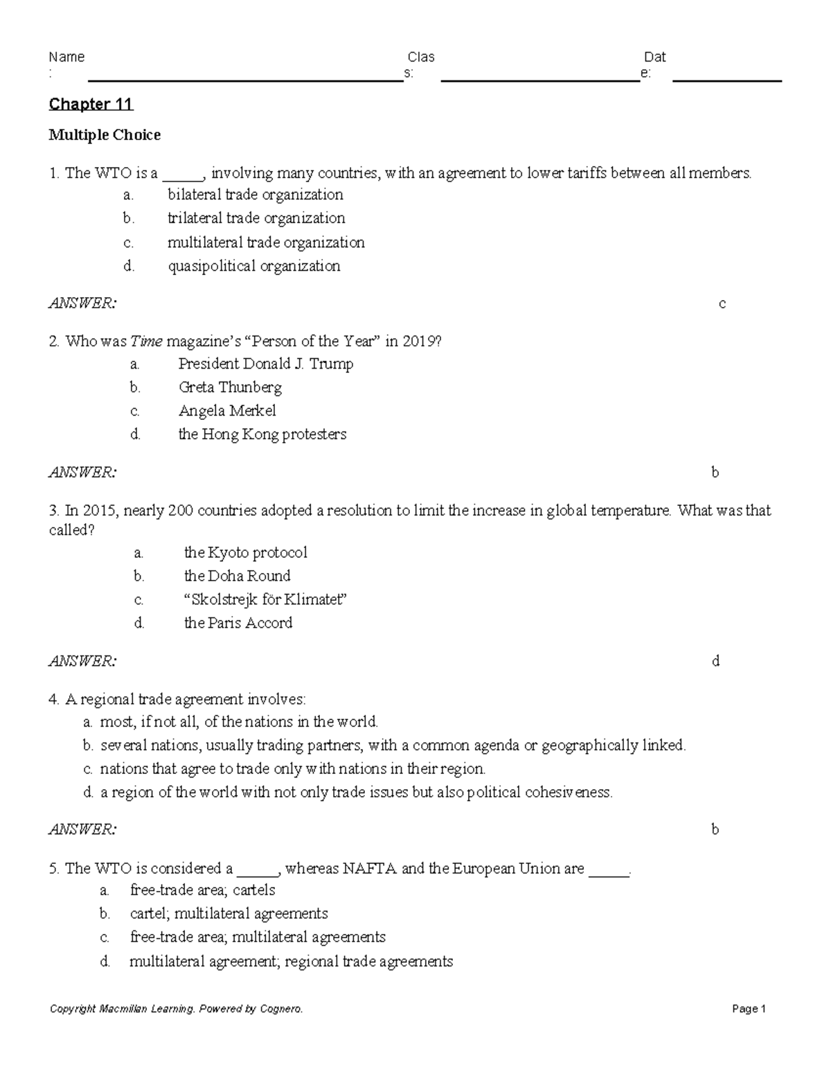 Chapter 11 - : s: e: Chapter 11 Multiple Choice 1. The WTO is a ...