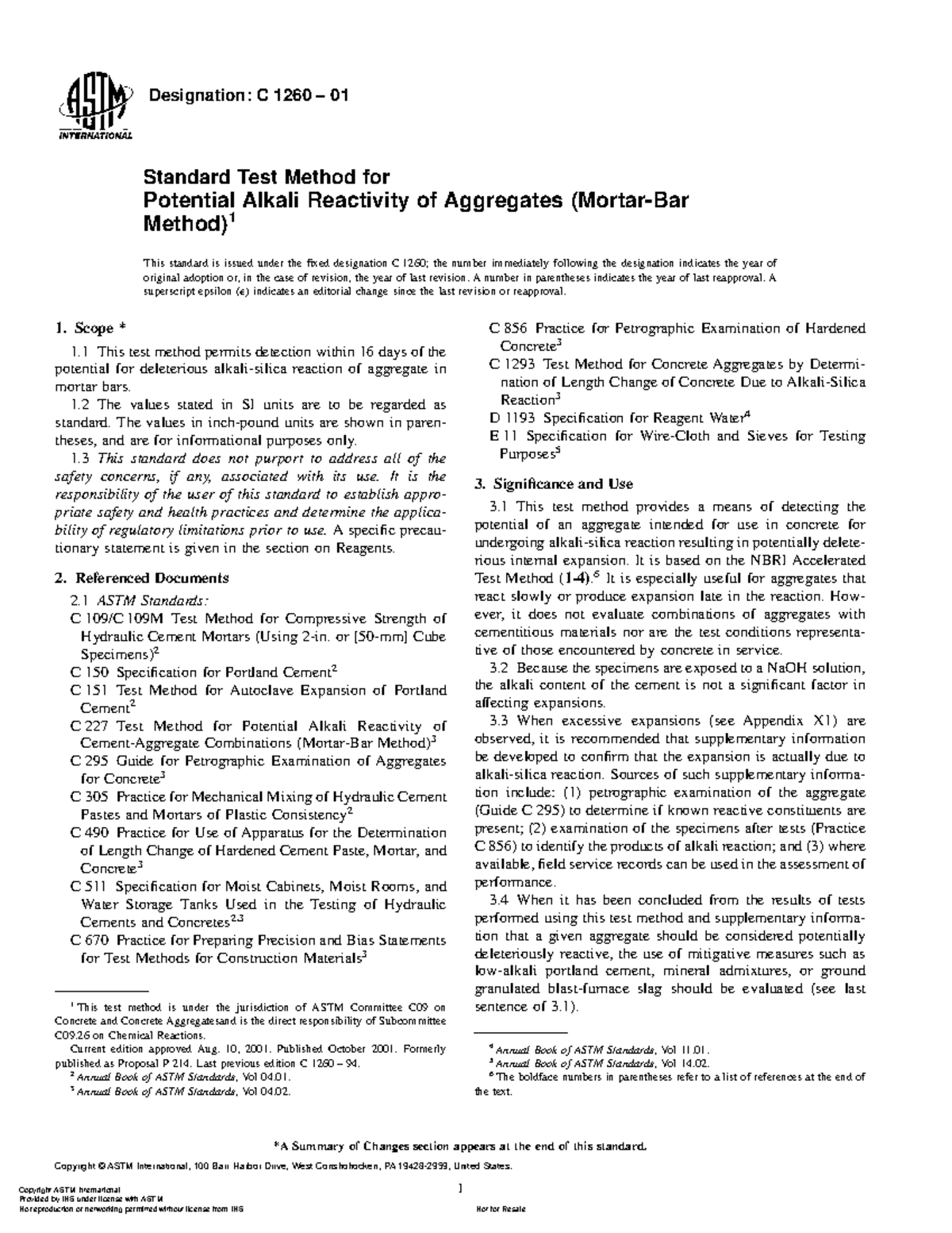 Standard Test Method for Potential Alkal - Designation: C 1260 – 01 ...