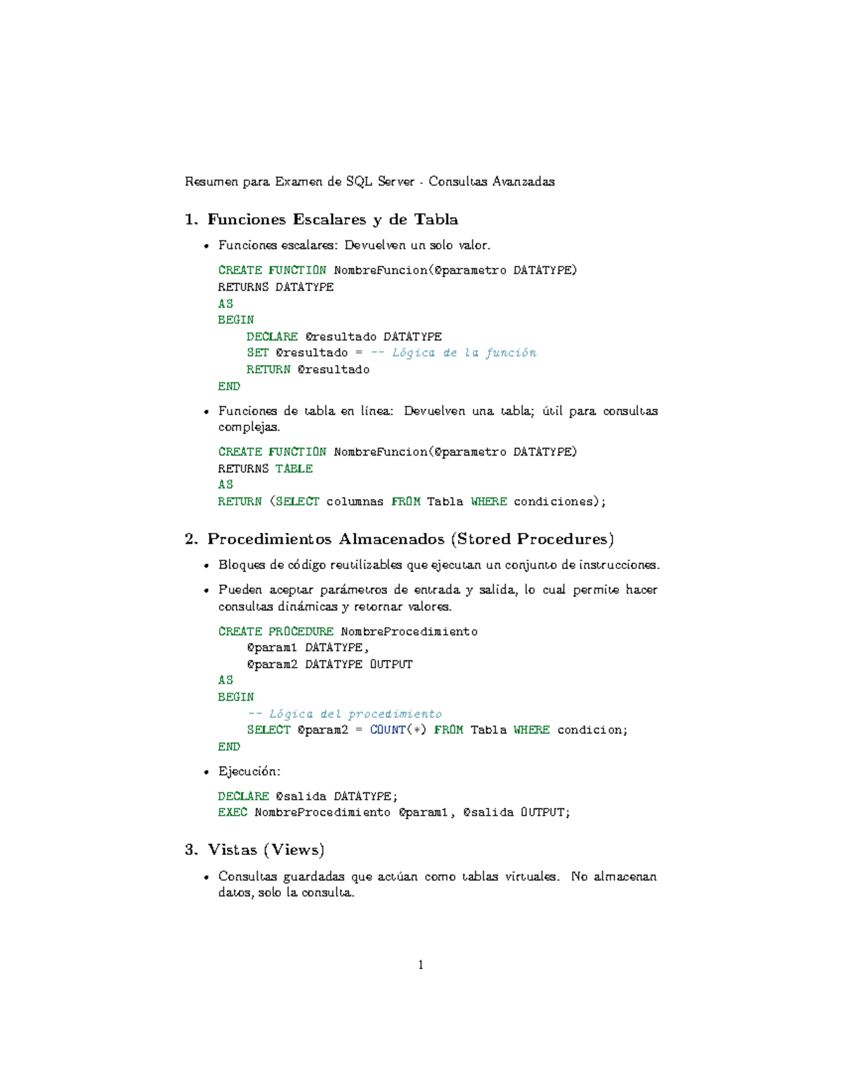 Resumen SQL Server Examen - Resumen para Examen de SQL Server - Consultas Avanzadas 1. Funciones ...