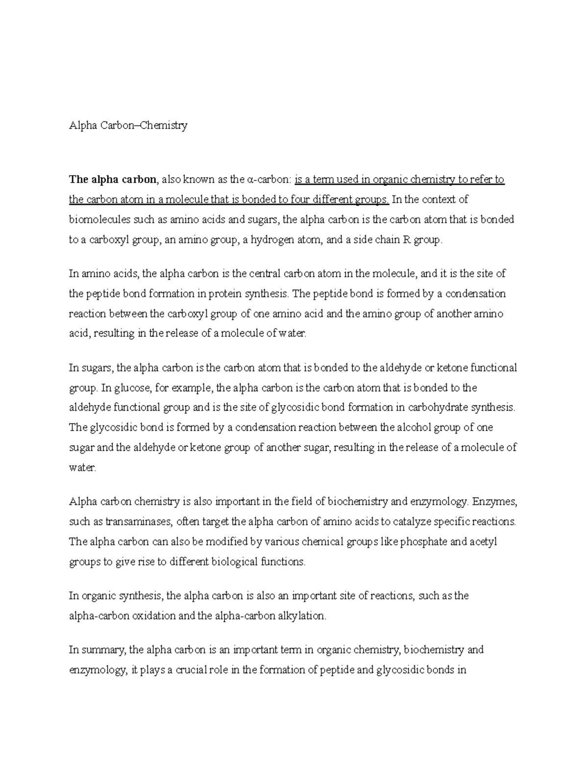 Alpha Carbon Chemistry - Alpha Carbon–Chemistry The alpha carbon, also ...