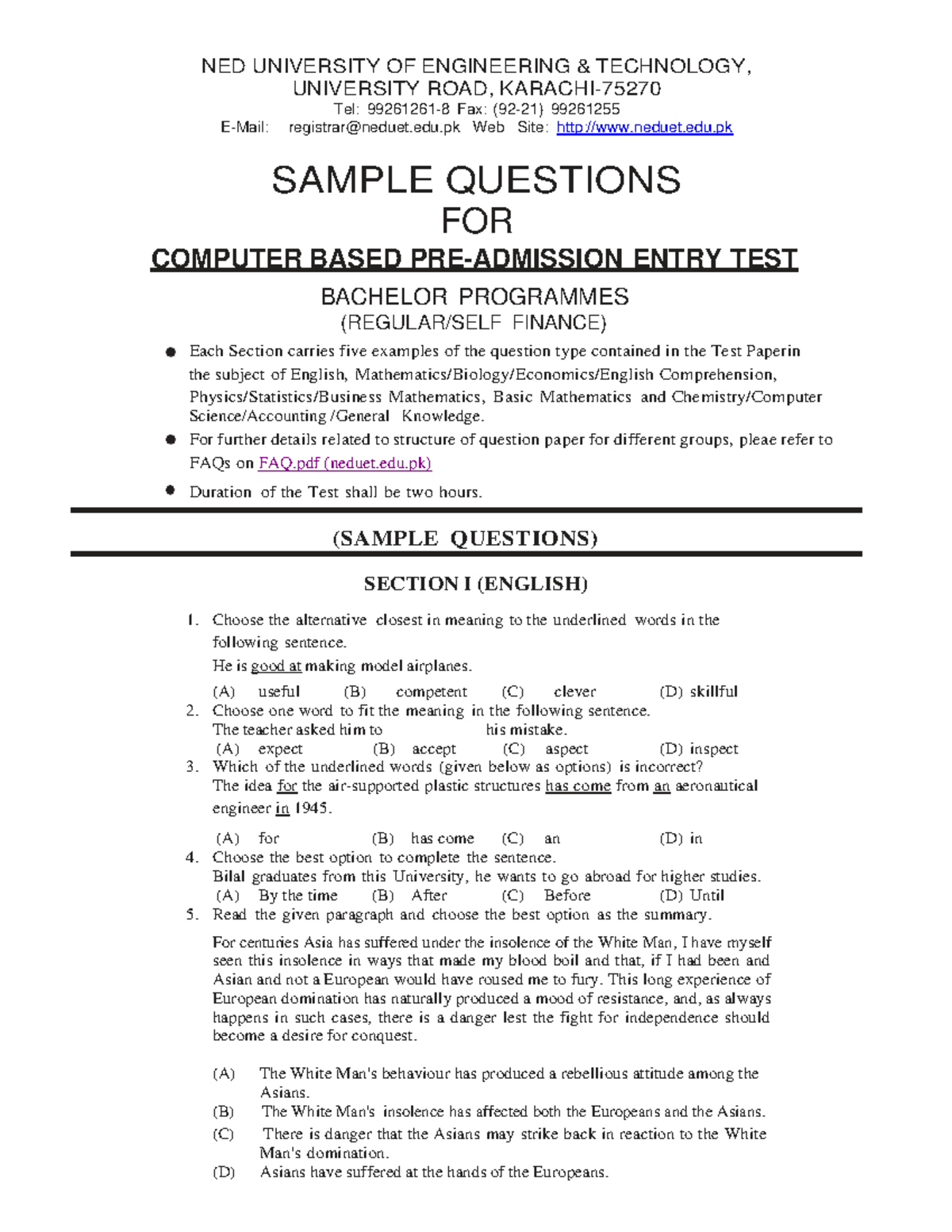 Sample test paper - NED UNIVERSITY OF ENGINEERING & TECHNOLOGY ...