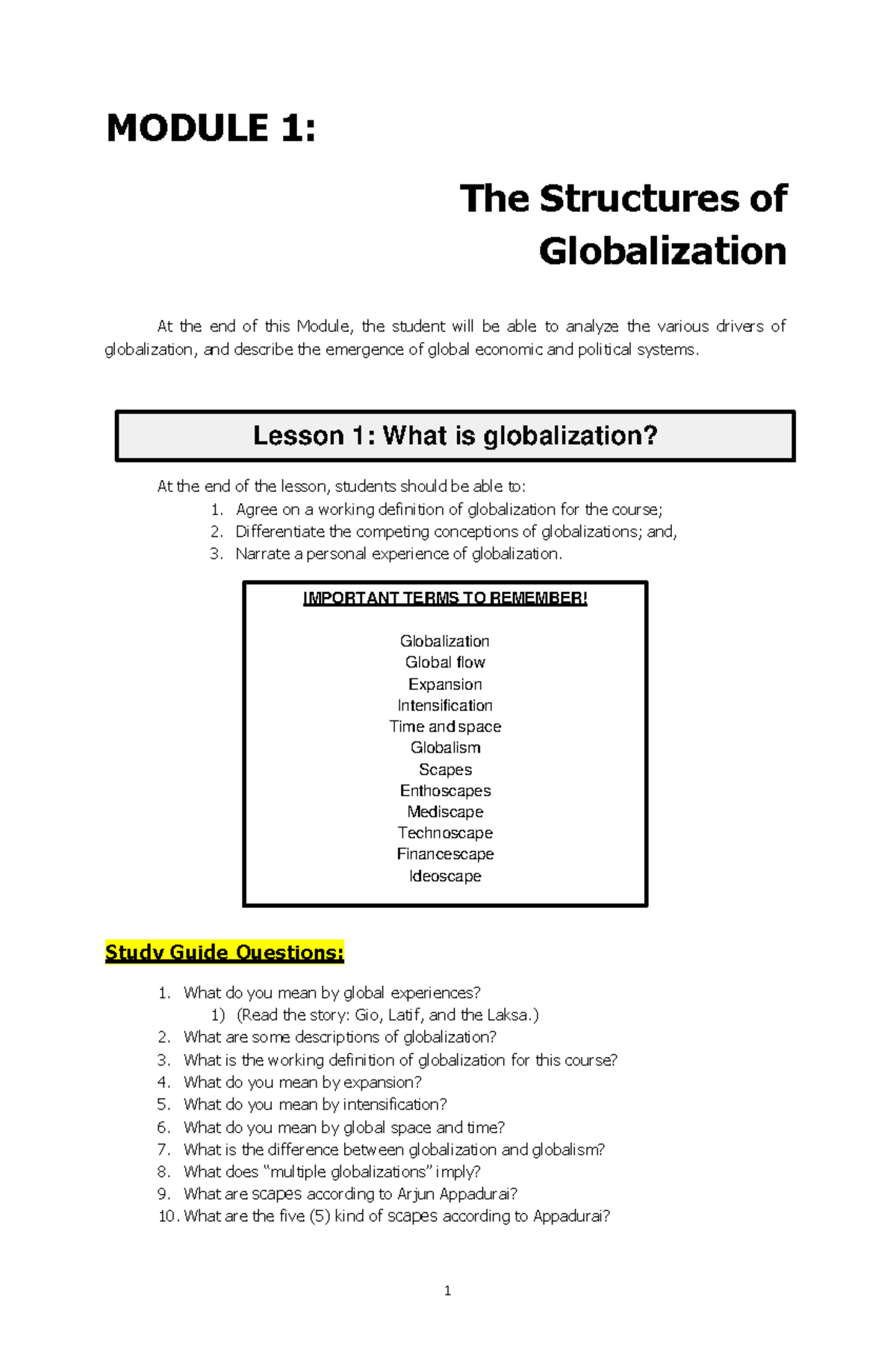 Lesson 1-3 Lecture Notes - ####### 1 Lesson 1: What is globalization ...