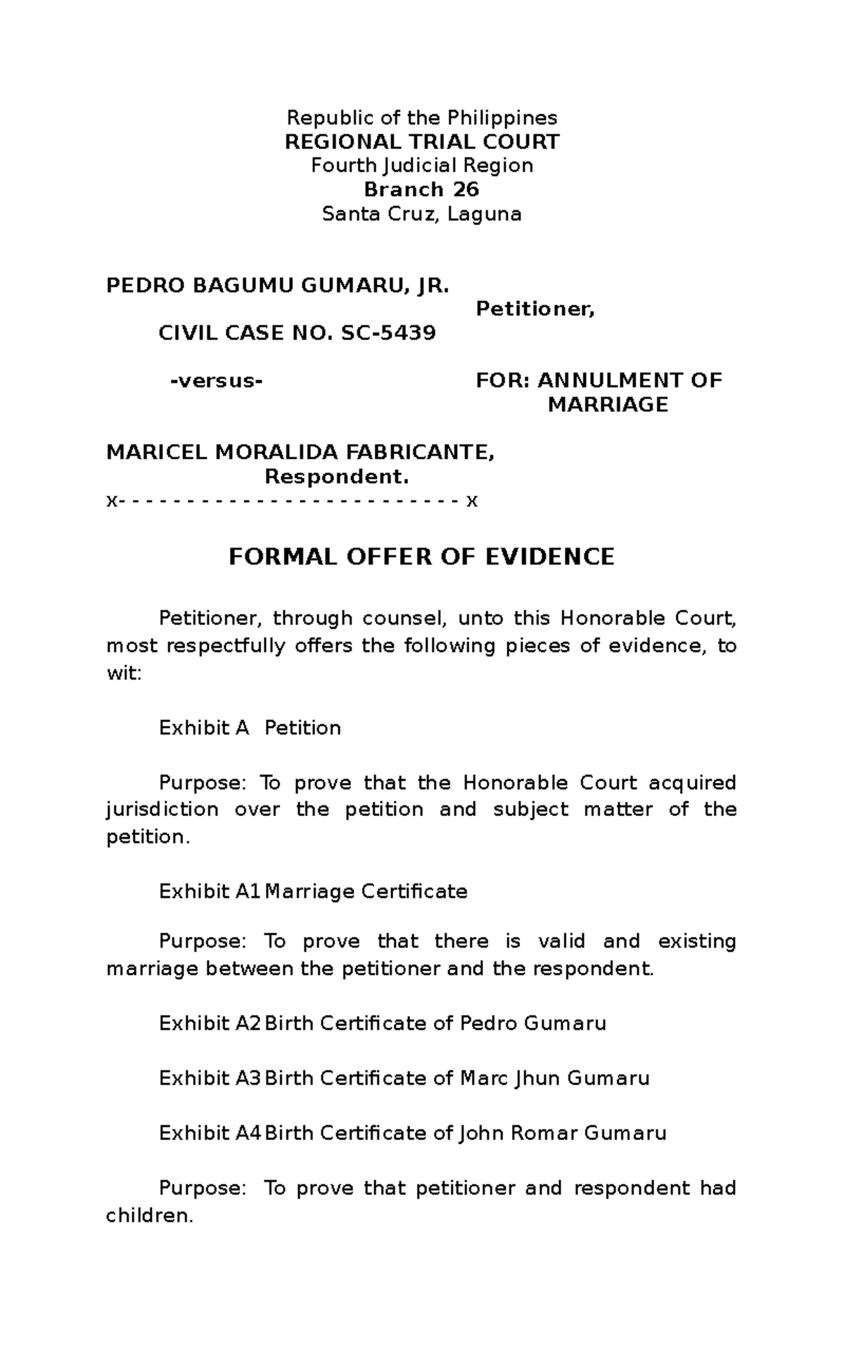 Formal offer of evidence annulment of marriage - Republic of the ...