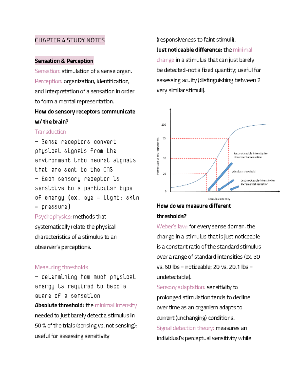 Chapter 4 Study Notes - CHAPTER 4 STUDY NOTES Sensation & Perception ...