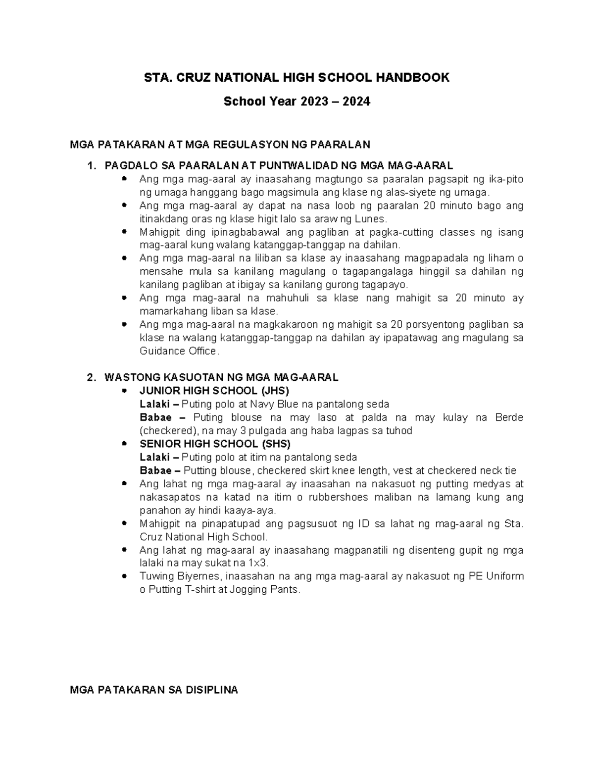 Scnhs School Rules and Regulation - STA. CRUZ NATIONAL HIGH SCHOOL ...