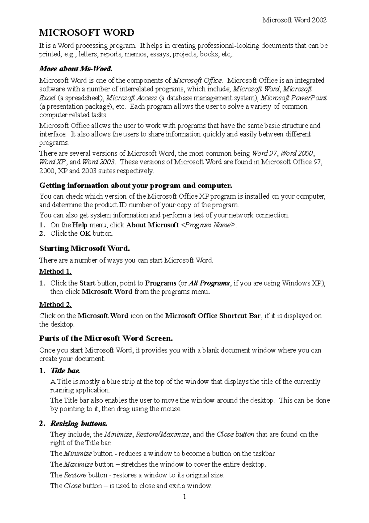 MS-Word notes - ms word - MICROSOFT WORD It is a Word processing ...