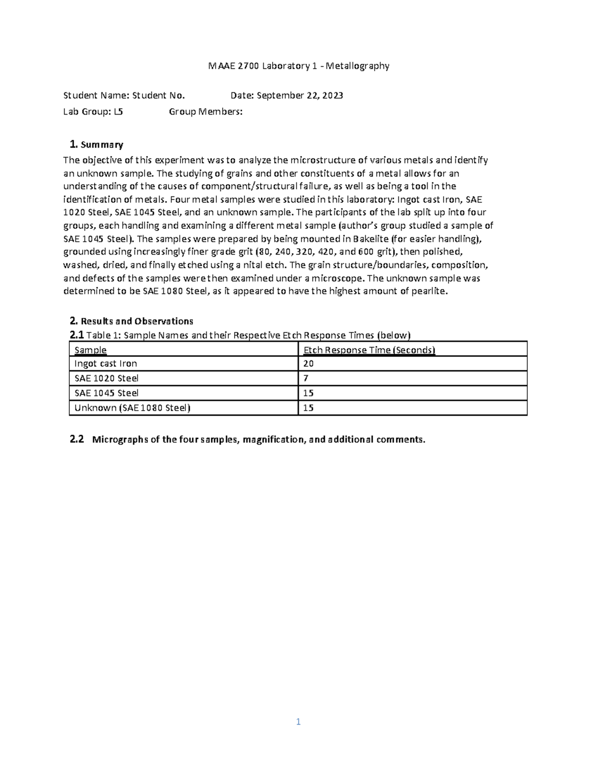 MAAE2700 L5 Lab 1- Metallography - MAAE 2700 Laboratory 1 ‐ Metallography Student Name: Student ...