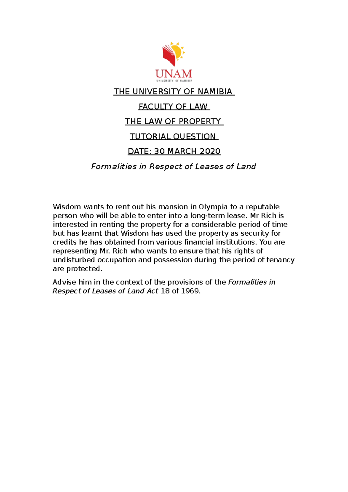 Formalities IN Respect OF Leases - THE UNIVERSITY OF NAMIBIA FACULTY OF ...