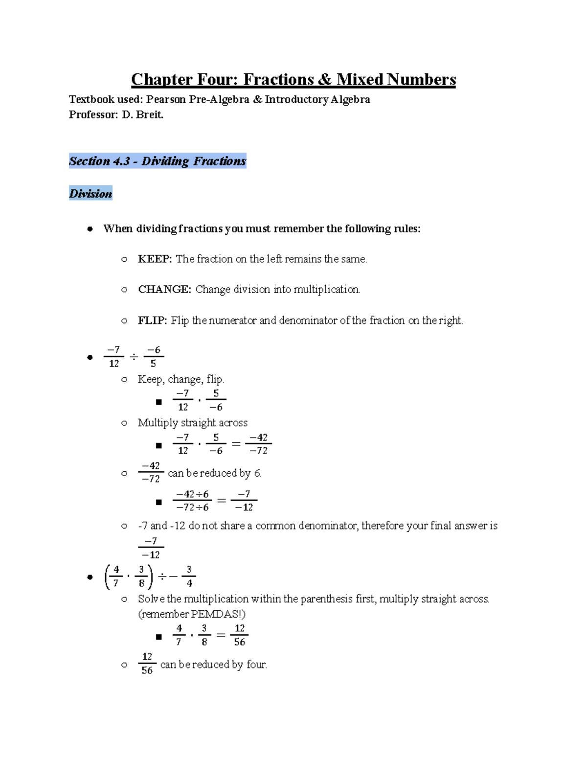 Dev.Math: Chapter Four Fractions & Mixed Numbers (Sec.4.3 - Dividing Fractions) - Chapter Four ...