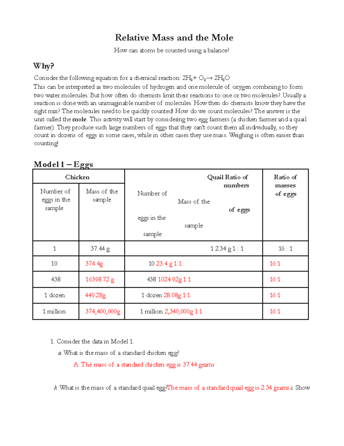 0. Relative Mass and the Mole Activity - Relative Mass and the Mole How ...