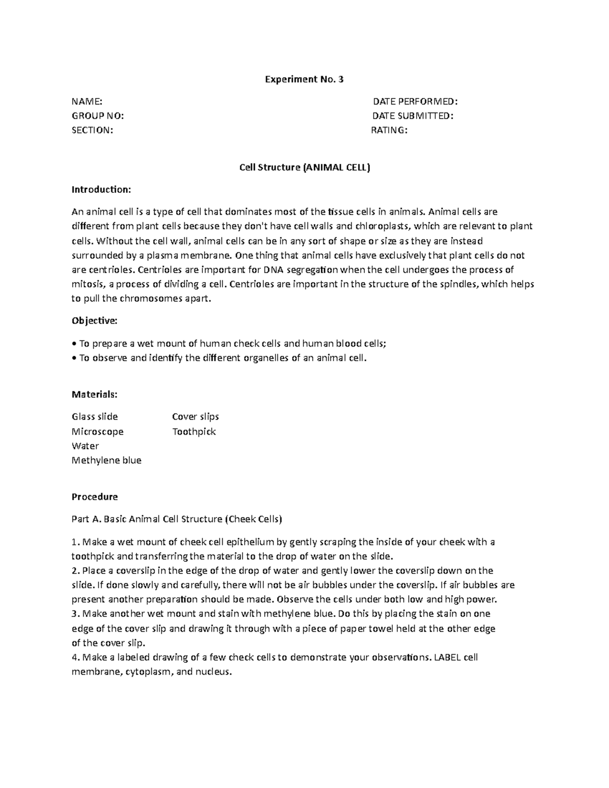 Animal Cells LAB Manual - Experiment No. 3 NAME: DATE PERFORMED: GROUP ...