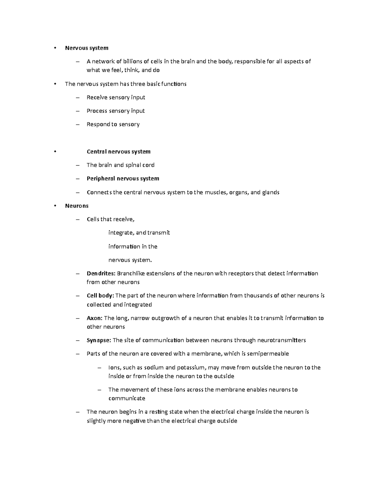 The role of psychology chapter 2 notes - Nervous system The nervous ...