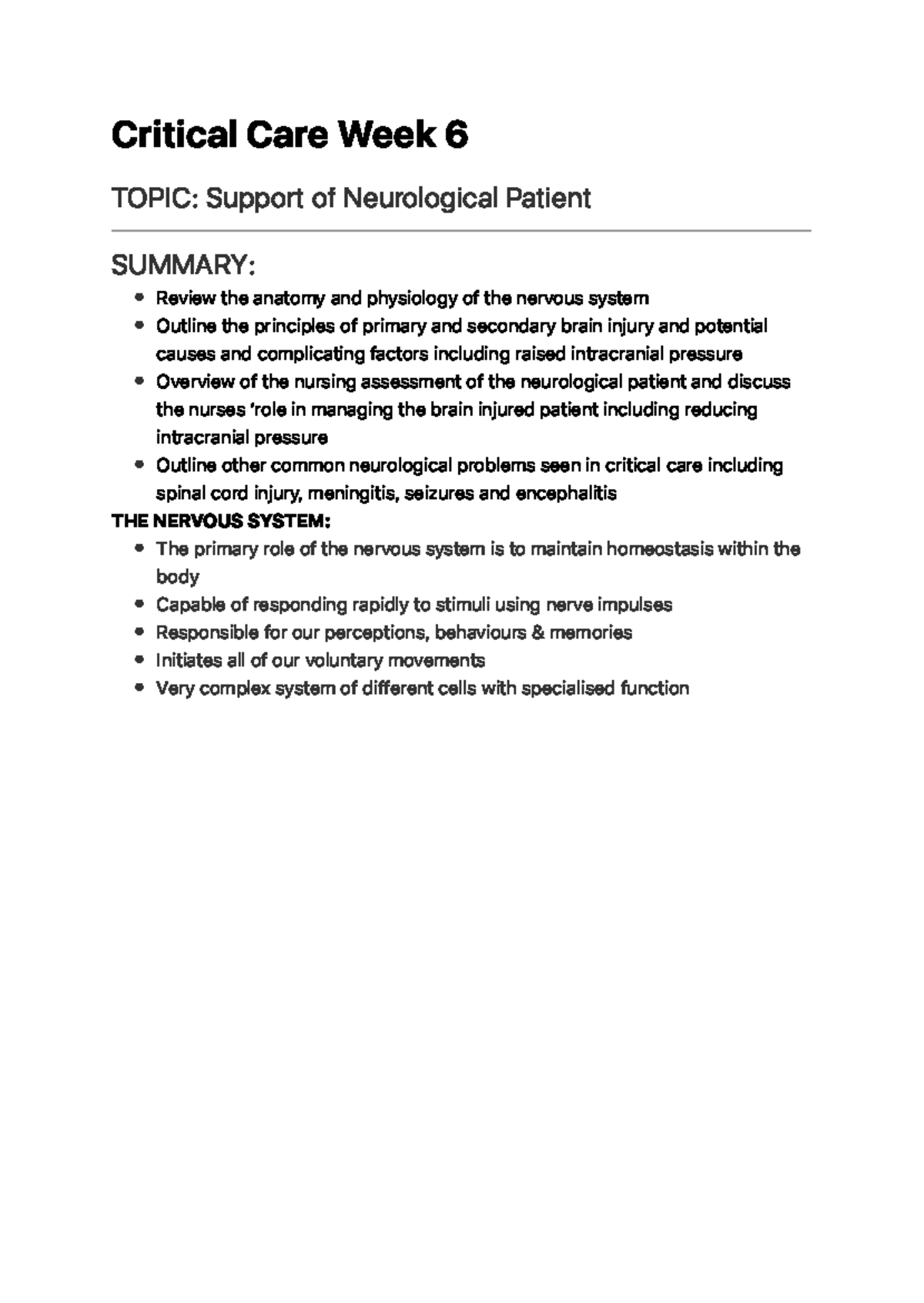 Critical Care Week 6 - Support of Neurological Patient - Critical Care ...