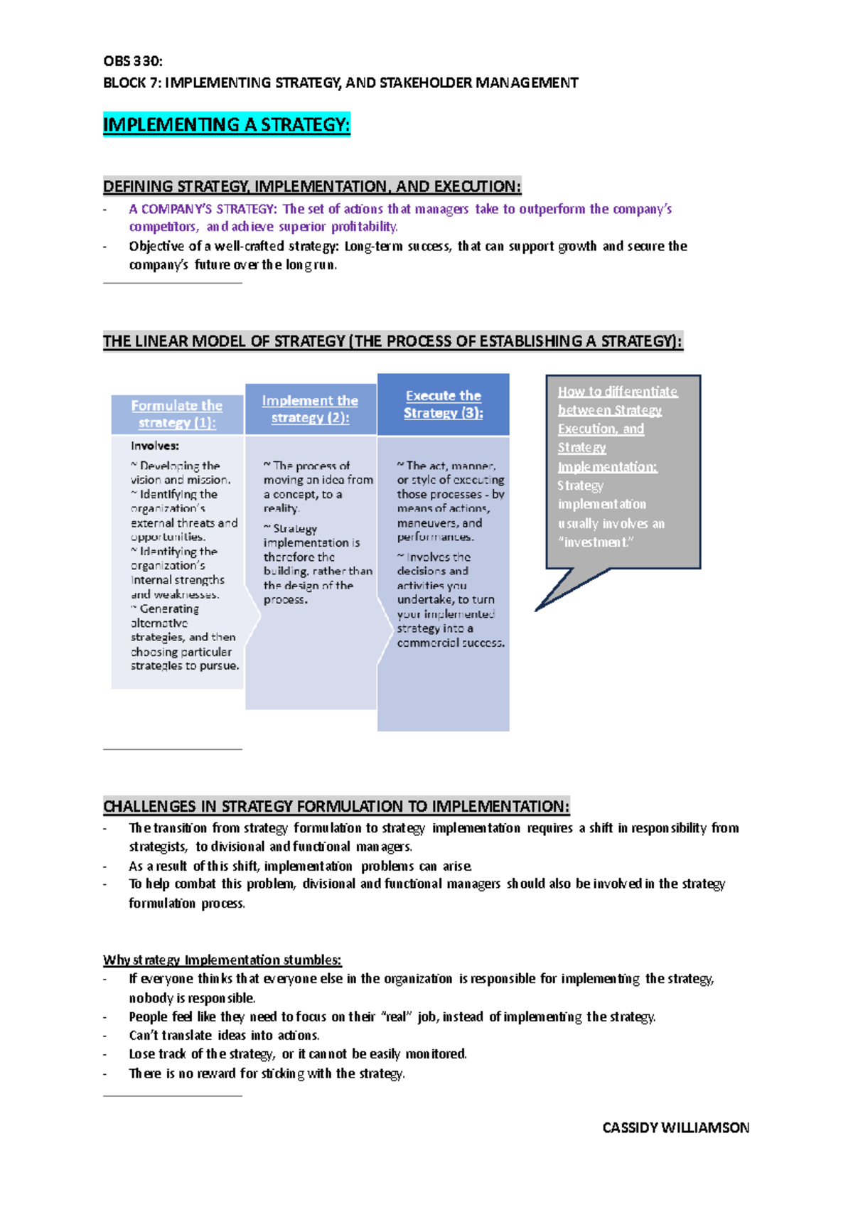 Sample OBS 330 - notes - BLOCK 7: IMPLEMENTING STRATEGY, AND ...
