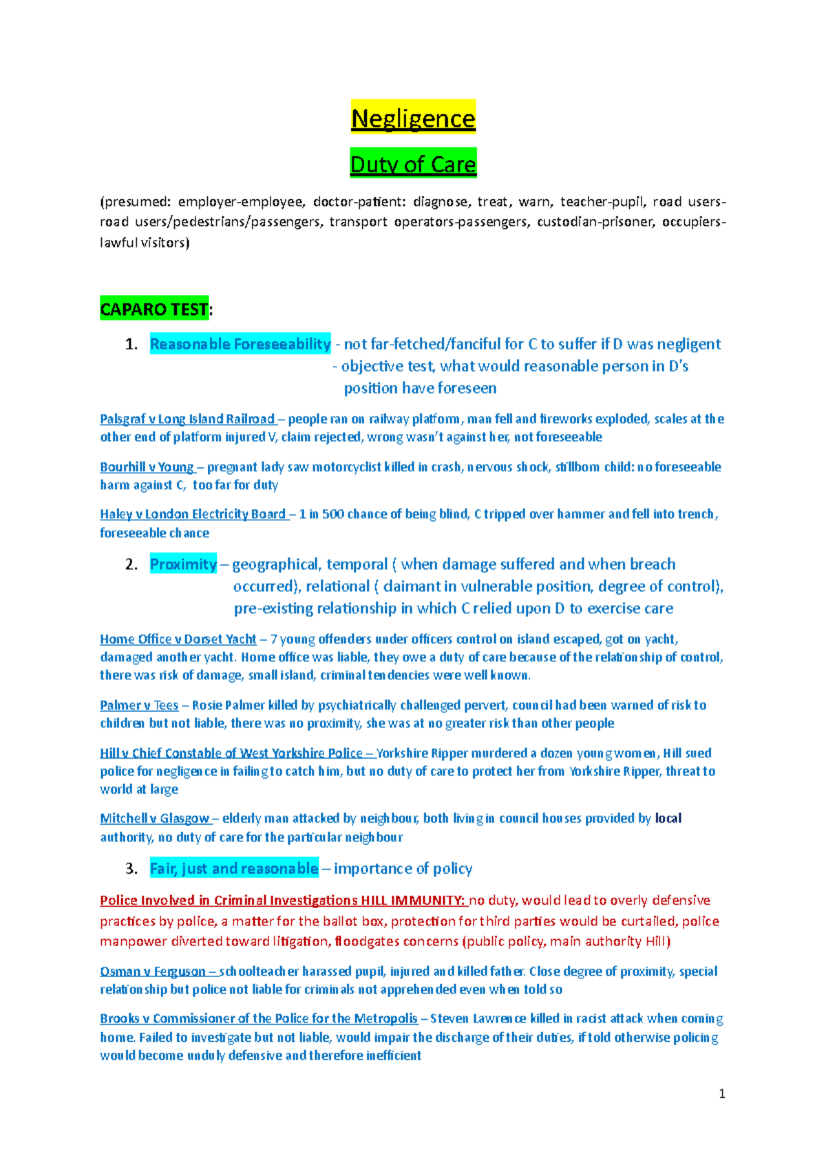 Duty of Care - Summary of notes used in open book exam - Negligence ...