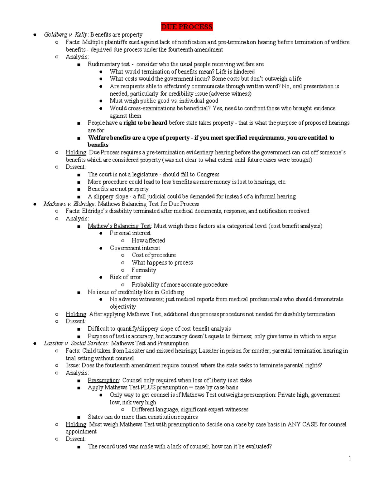 Civil Procedure Attack Outline 4 - DUE PROCESS Goldberg v. Kelly ...