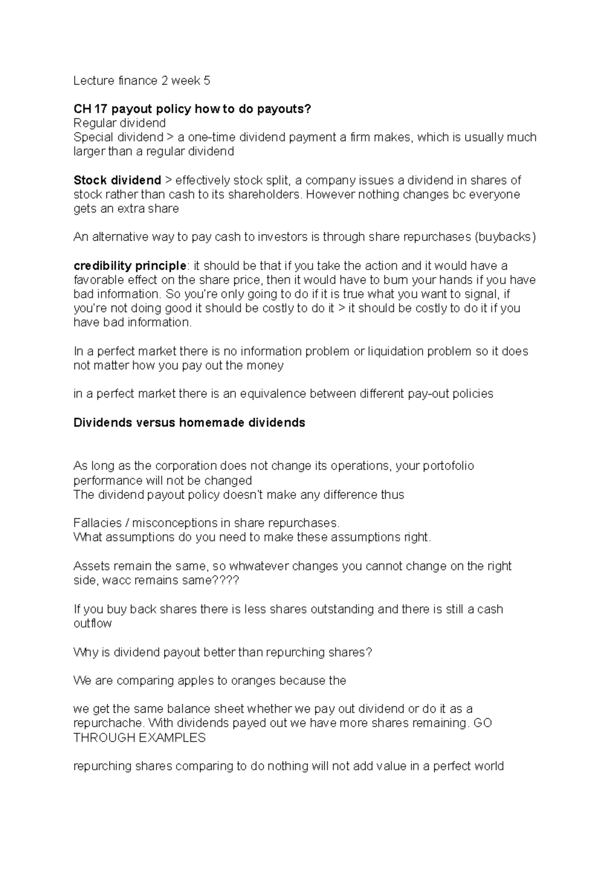 Lecture finance 2 week 5 - Lecture finance 2 week 5 CH 17 payout policy ...