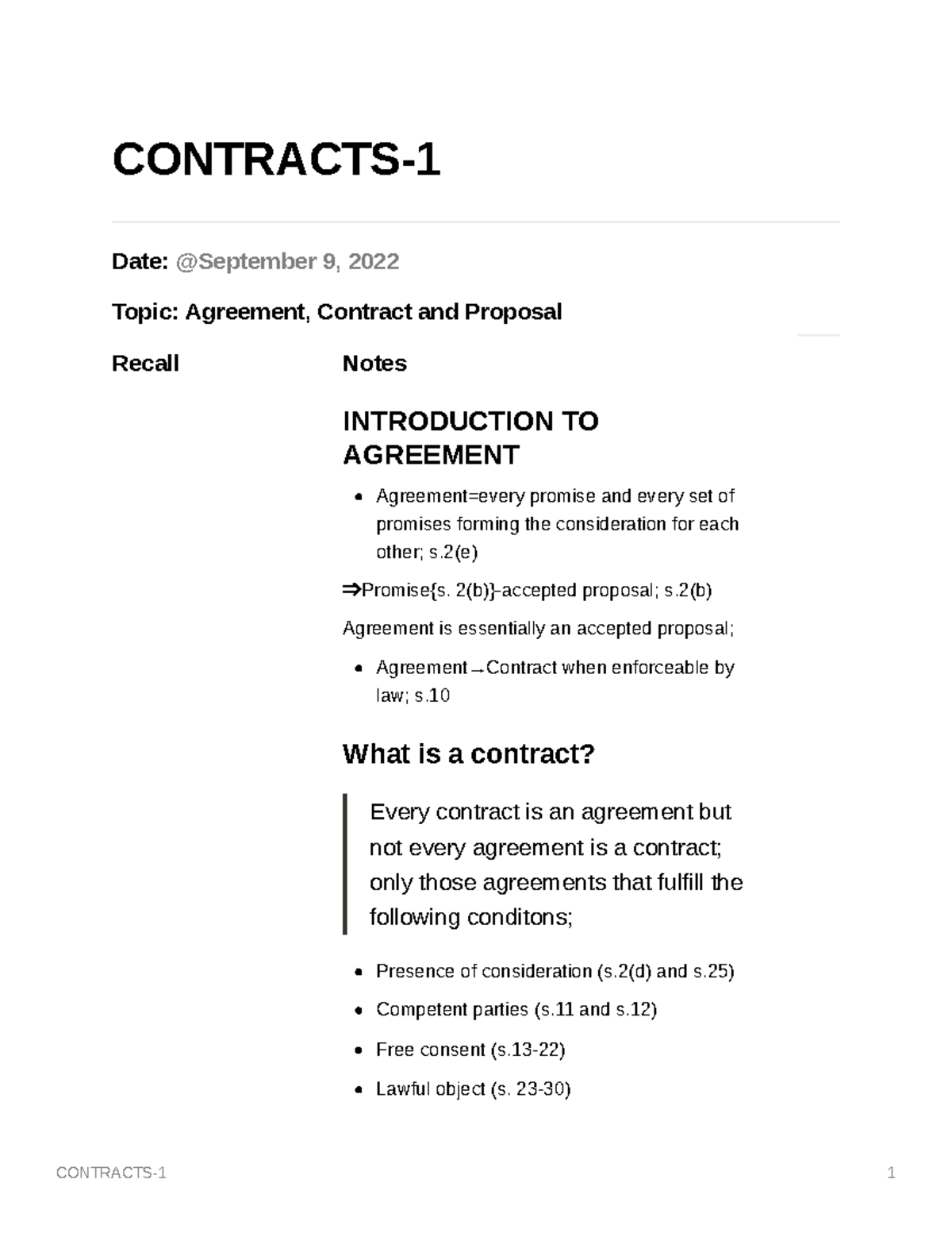 Contracts-1 notes - CONTRACTS- Date: Topic: Agreement, Contract and ...