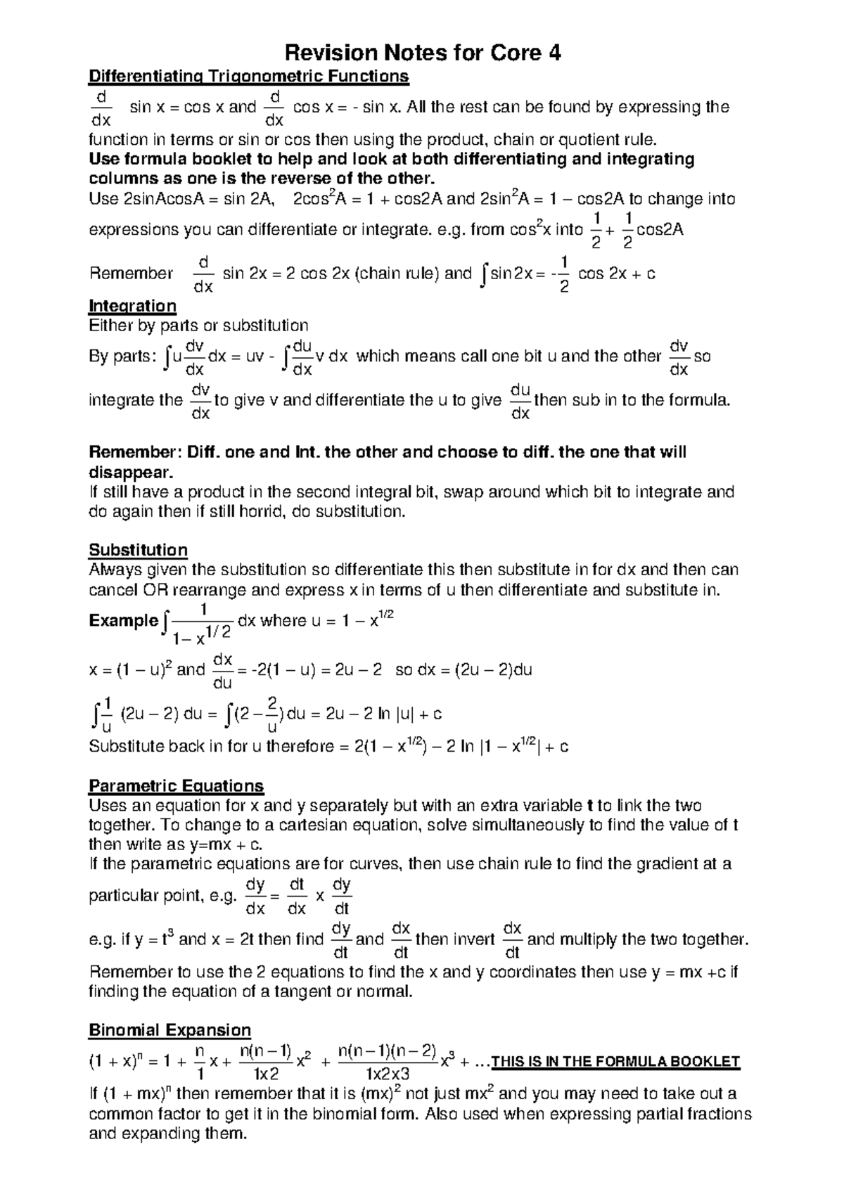 Core 4 revision notes - Revision Notes for Core 4 Differentiating ...