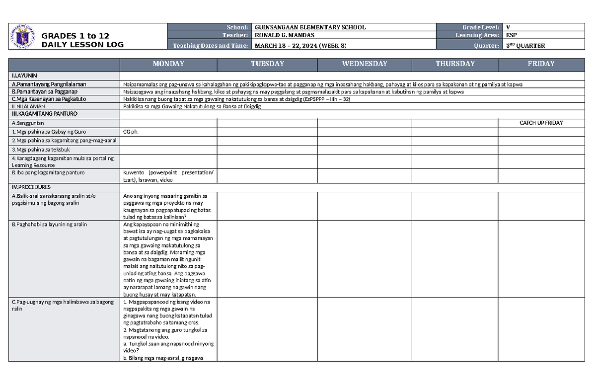 DLL ESP 5 Q3 W8 - GRADES 1 to 12 DAILY LESSON LOG School: GUINSANGAAN ...