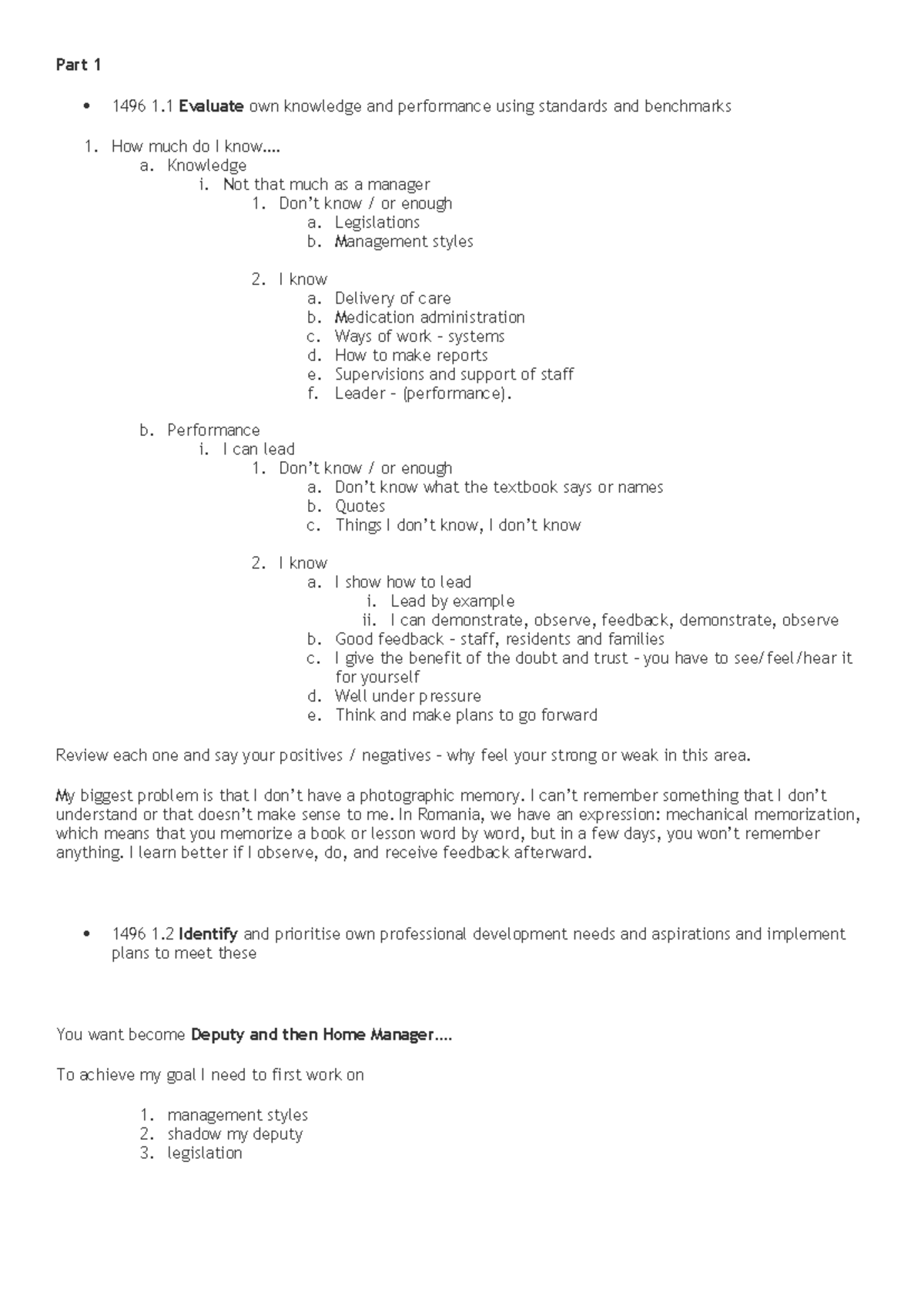 professional development Part 1 - Part 1 1496 1 Evaluate own knowledge and performance using ...