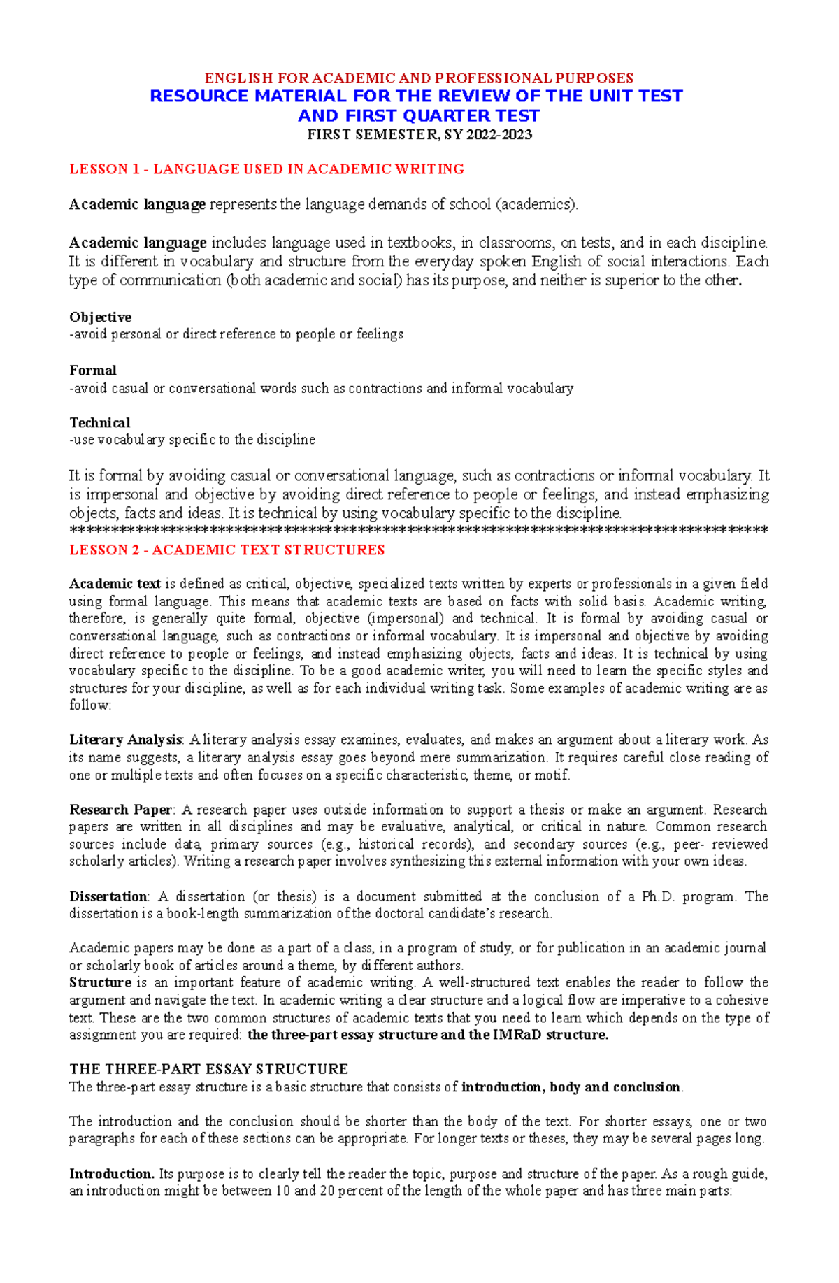 EAPP Resource Material FOR Review Quarter 1 Lesson 1 7 - ENGLISH FOR ...