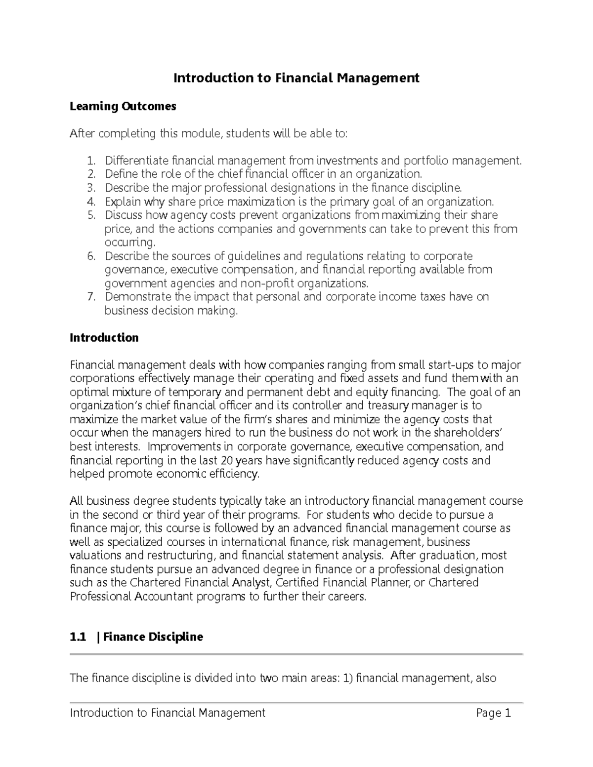 Readings - Introduction to Financial Management - Introduction to ...