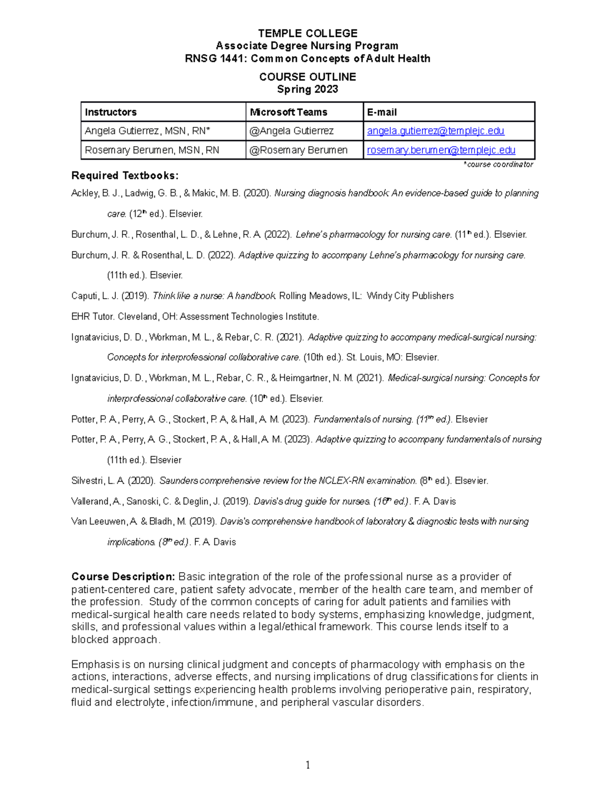 SP23 RNSG 1441 Course Outline - TEMPLE COLLEGE Associate Degree Nursing ...