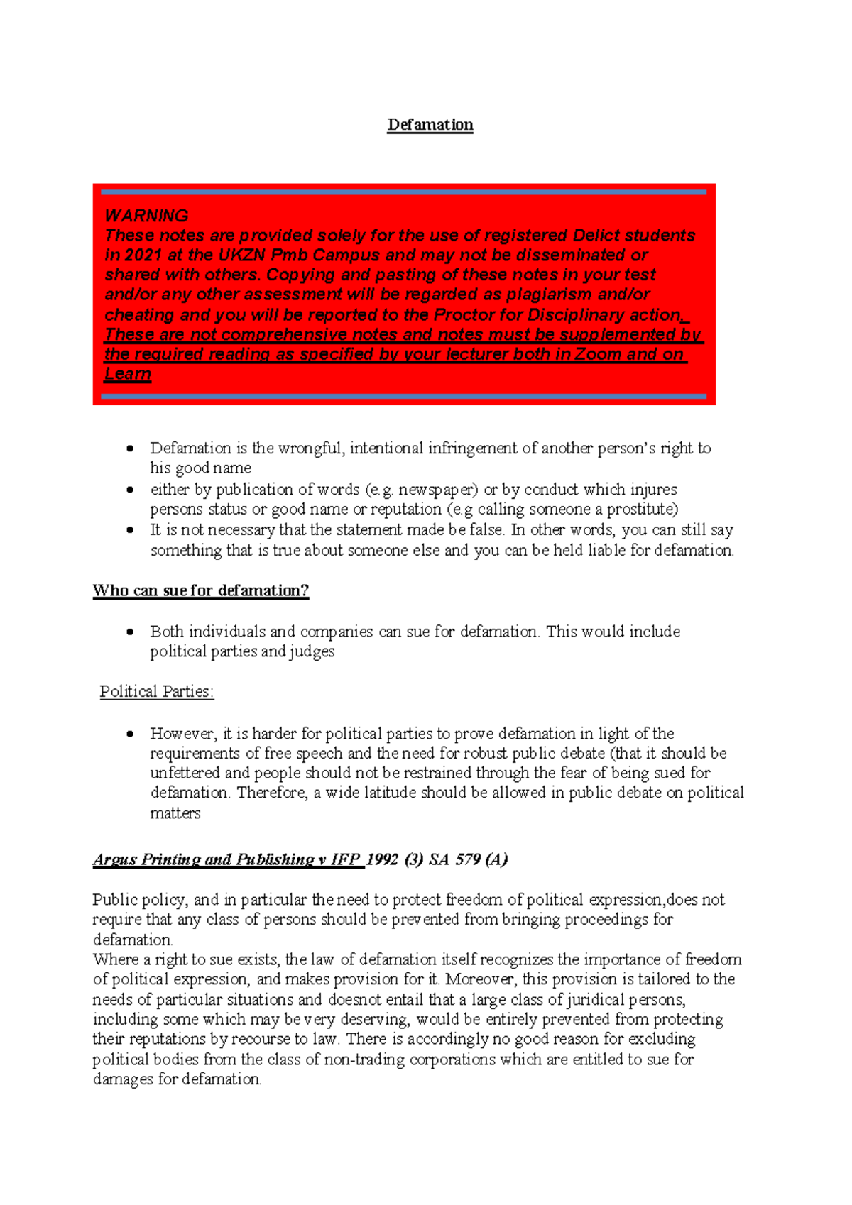 Defamation Notes 1 - for students in delict - Defamation Defamation is ...