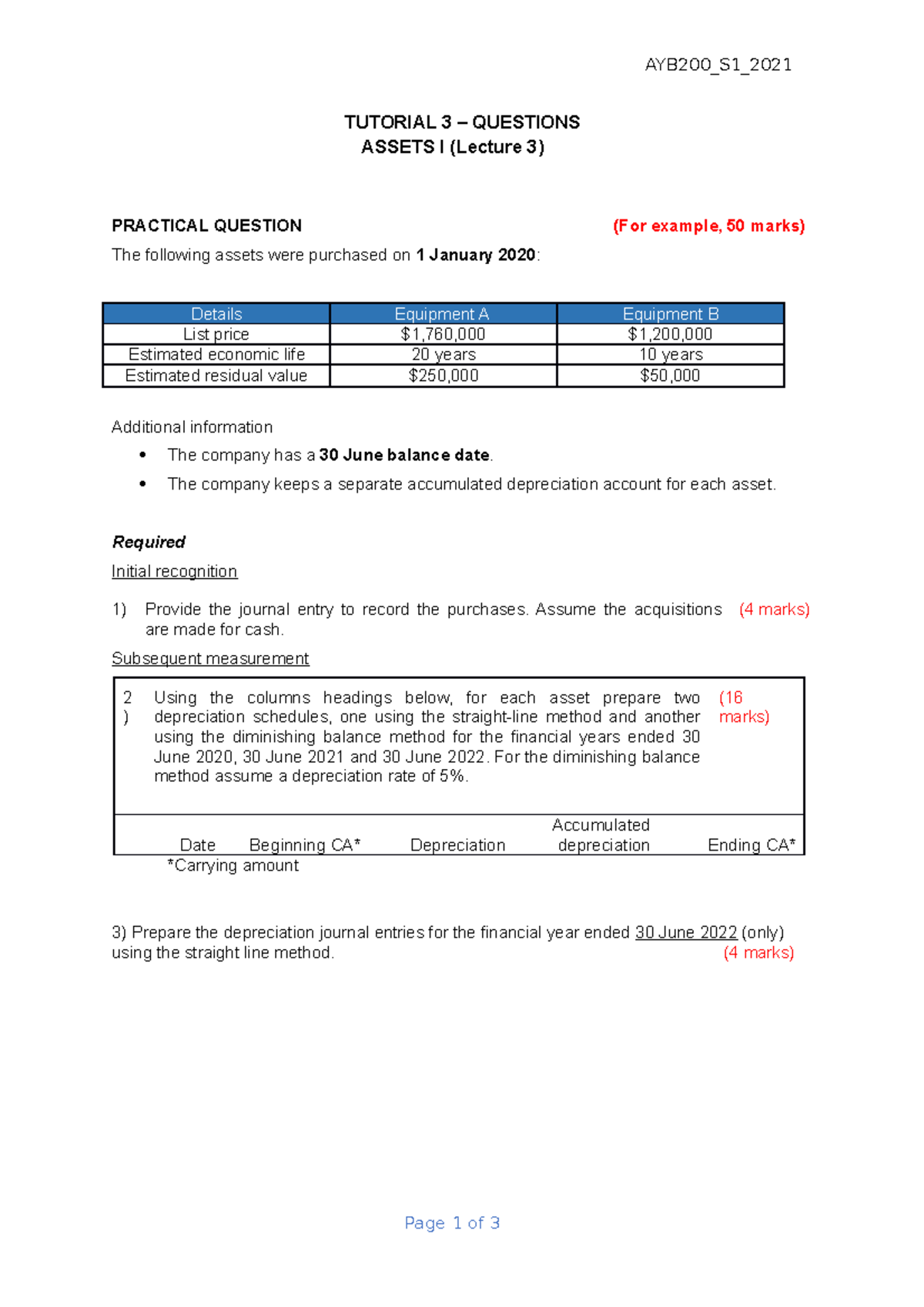 AYB200-2021-1 L3 Tutorial Questions - AYB200_S1_ TUTORIAL 3 – QUESTIONS ASSETS I (Lecture 3 ...