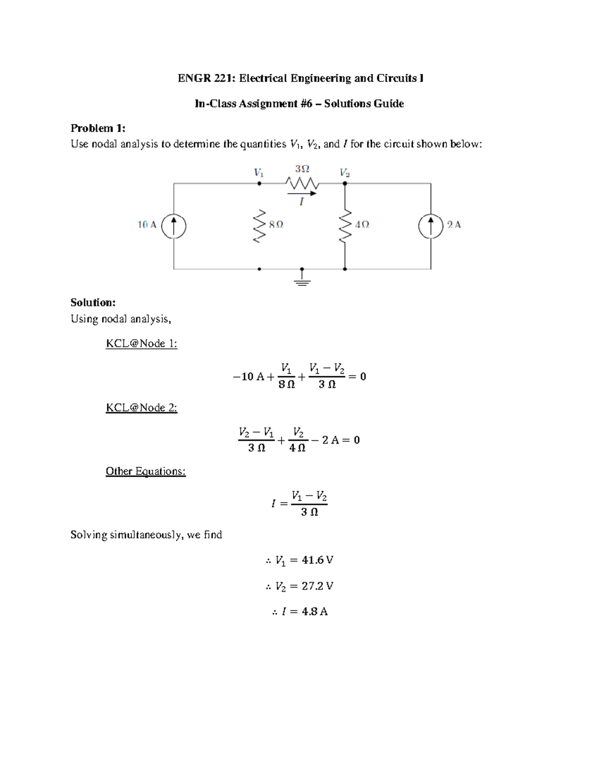 In-Class Assignment #6 - Solutions Guide [with Mathcad] - ENGR 221: Electrical Engineering and ...