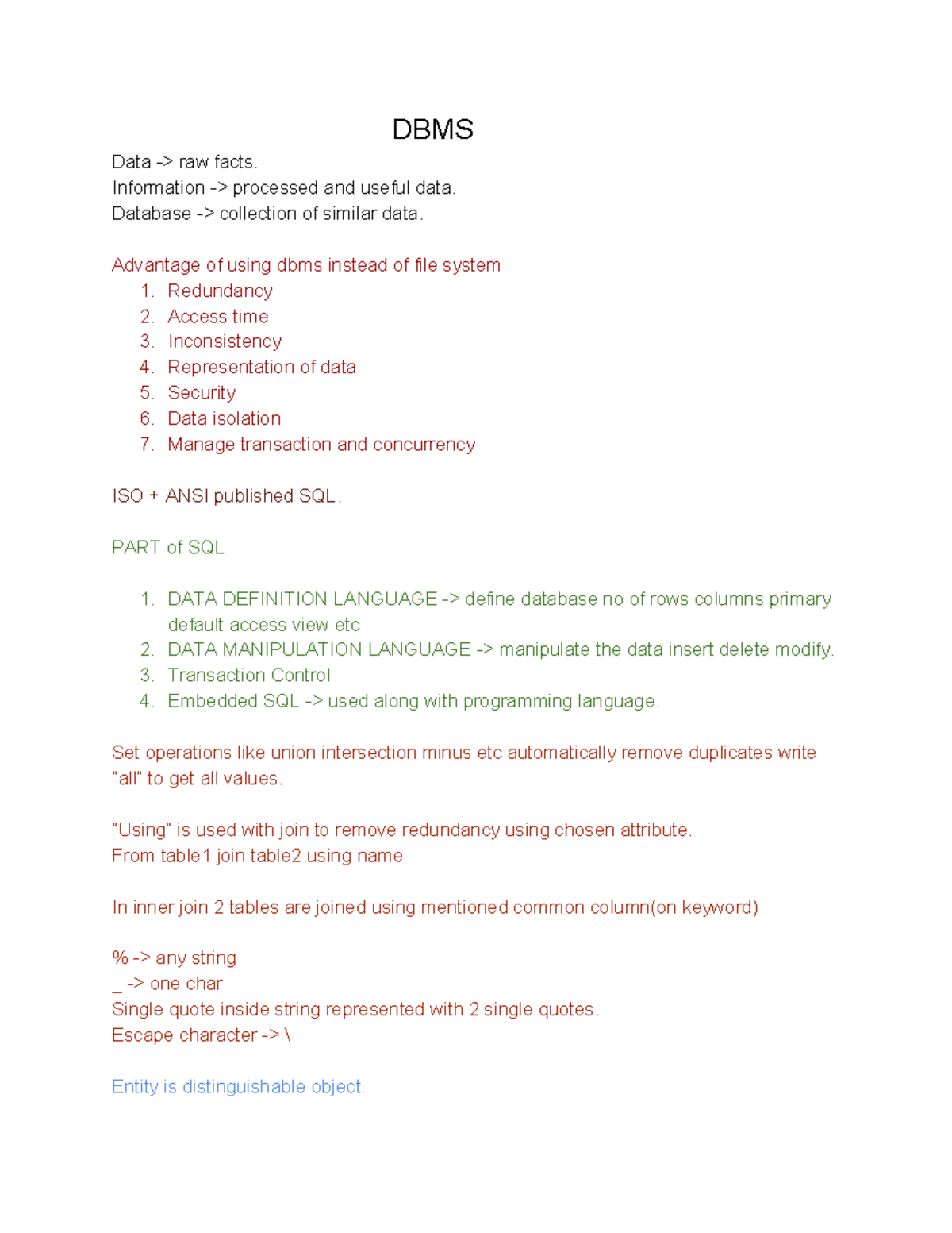DBMS - DBMS Data -> raw facts. Information -> processed and useful data. Database -> - Studocu