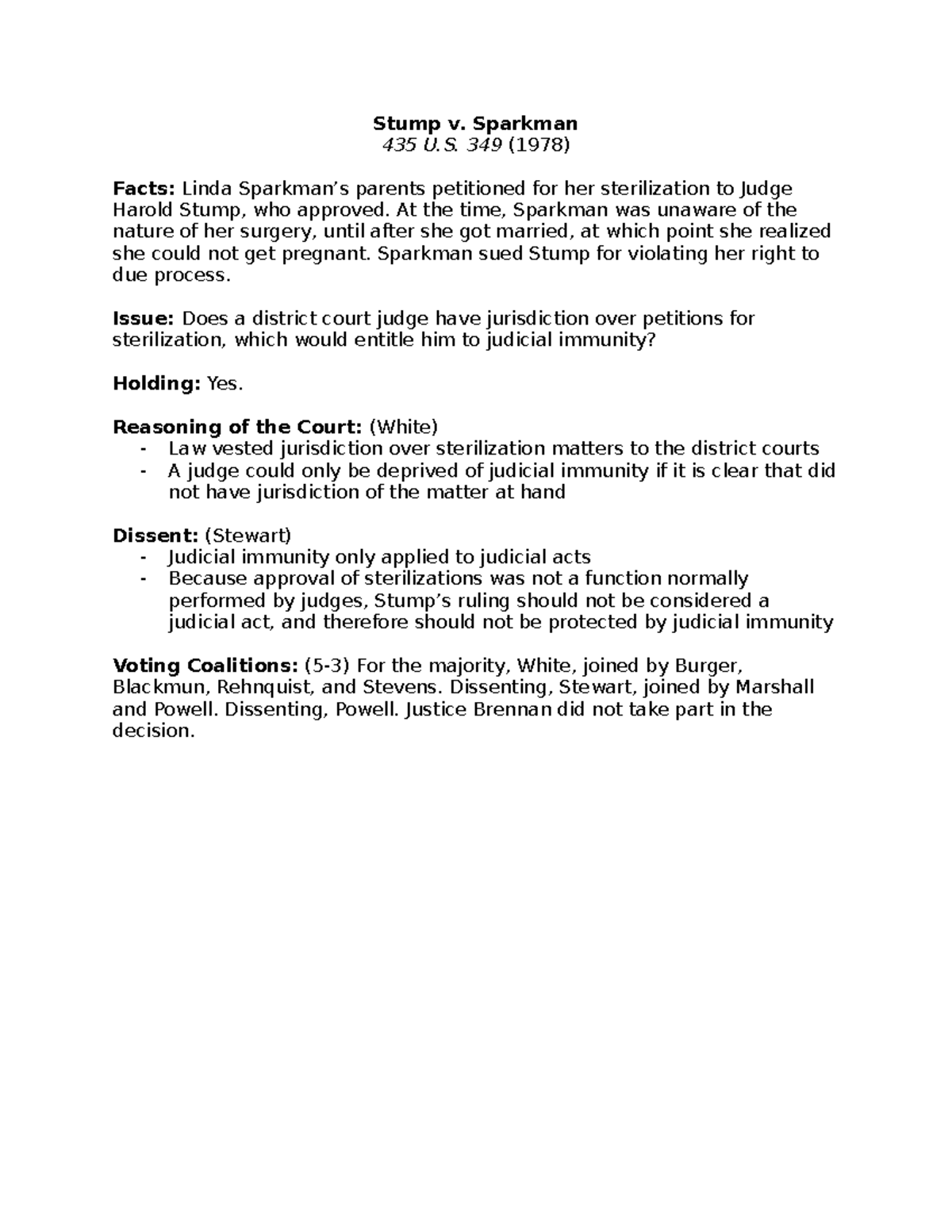 Stump v Sparkman - POLS/AAST 356 taught by Professor Kevin Lyles ...