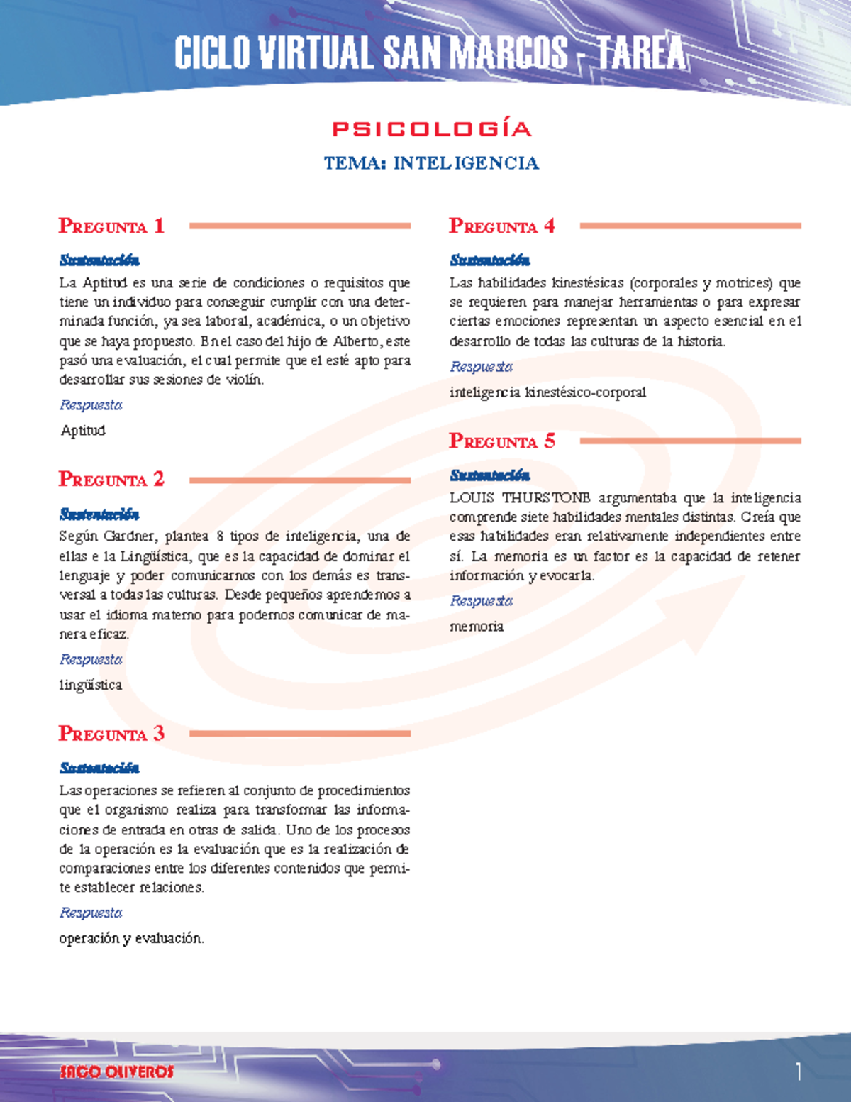 16 Psi 5° PRE Cap12 Tarea 22 - 1 CICLO VIRTUAL SAN MARCOS - TAREA P regunta 1 La Aptitud es una ...