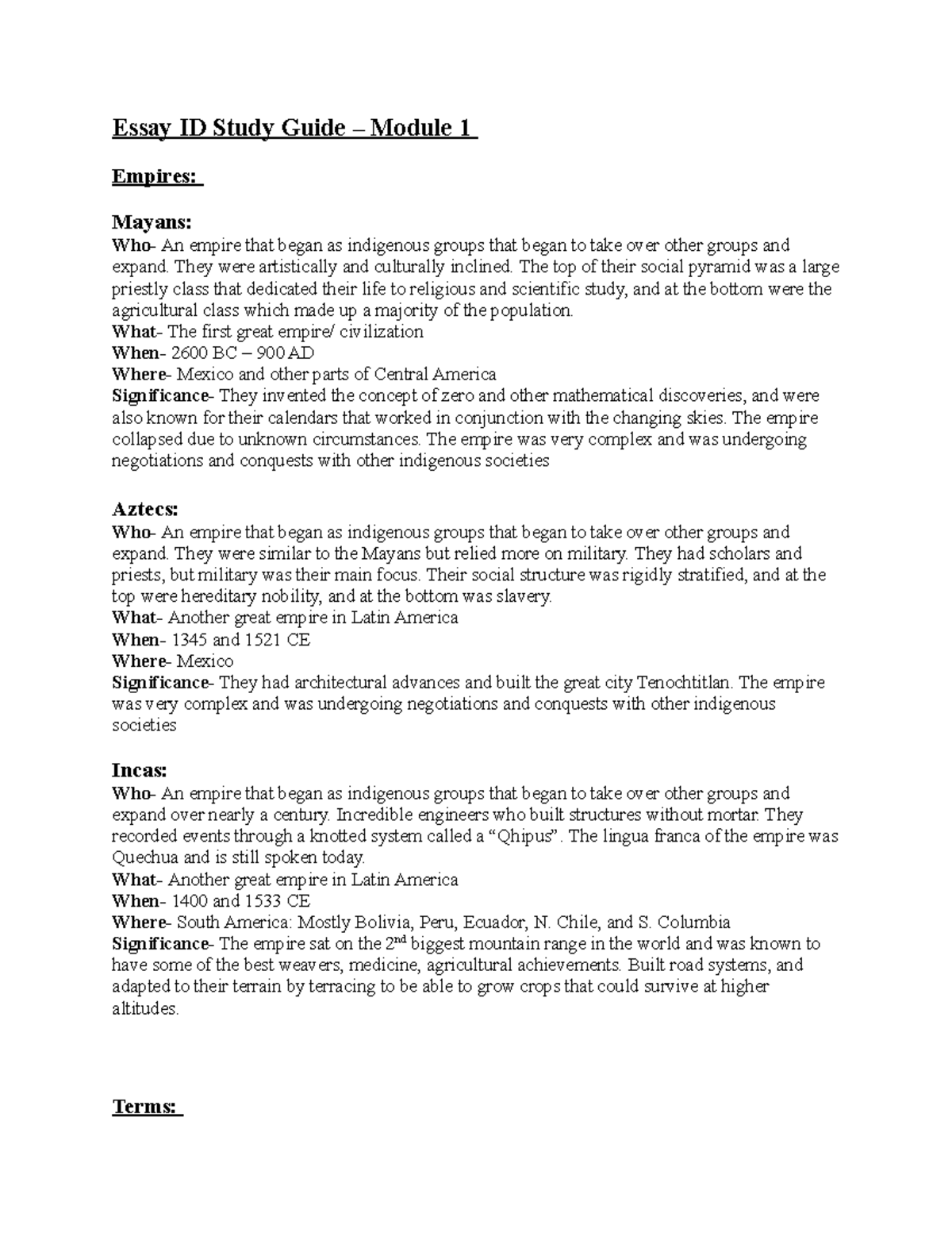 Study Guide for Essay ID Quizzes - Module 1 - Essay ID Study Guide ...