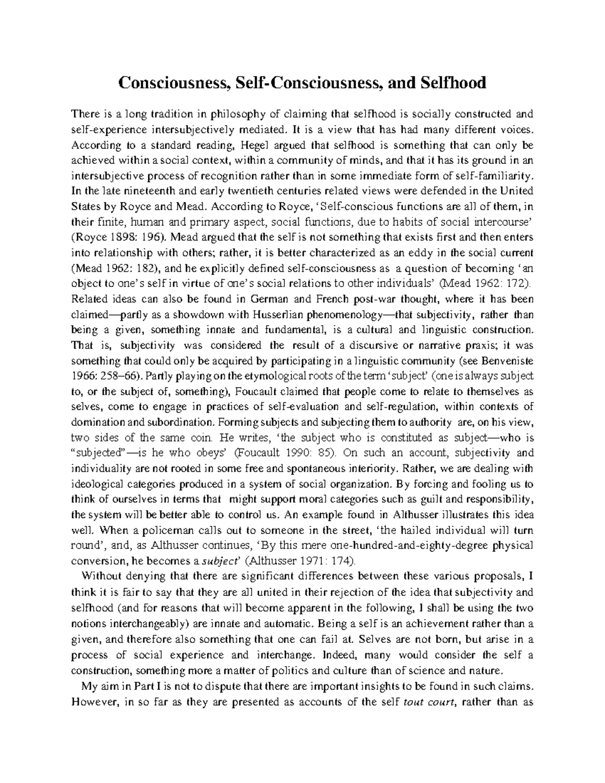 Consciousness, Self-Consciousness, and Selfhood - It is a view that has ...