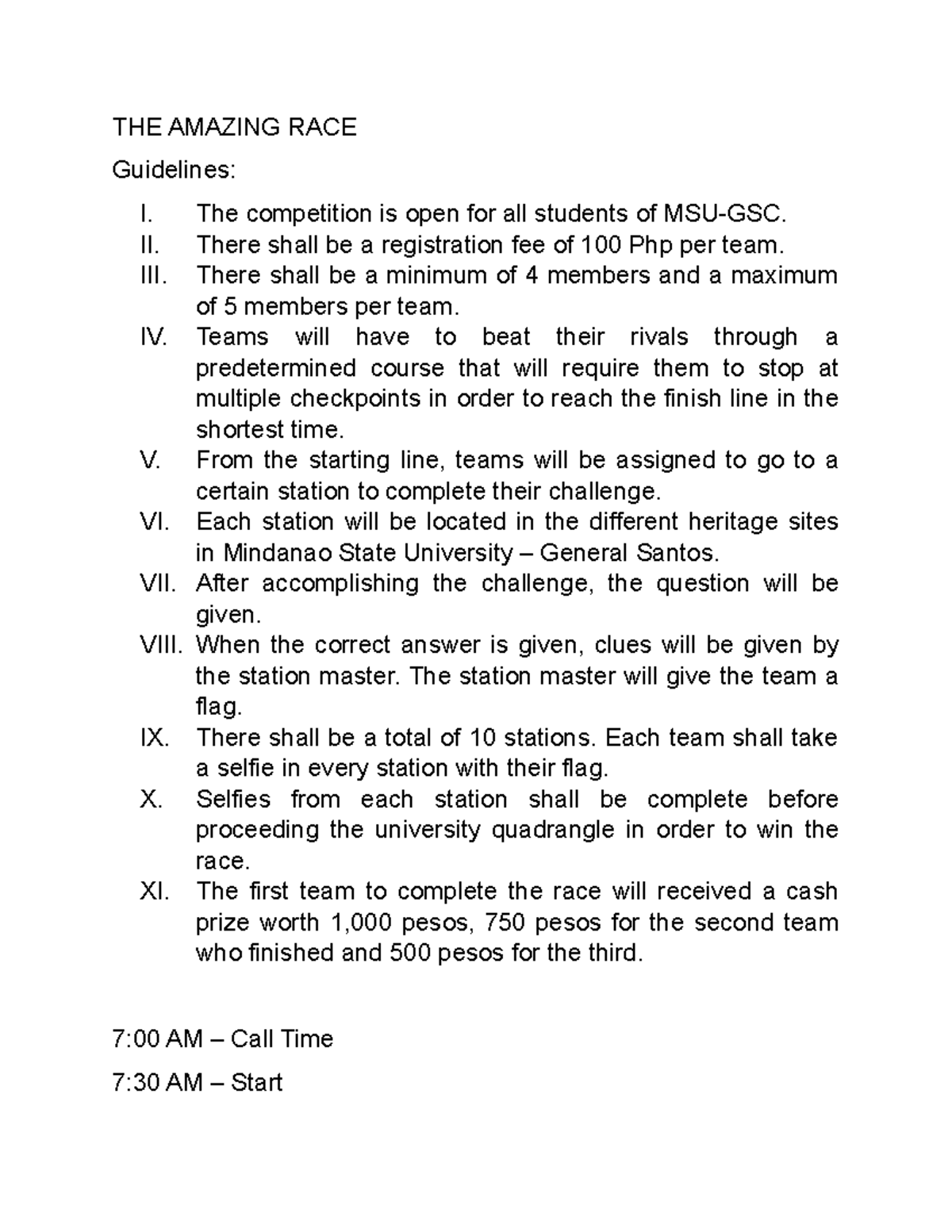 Amazing Race - none - THE AMAZING RACE Guidelines: I. The competition ...