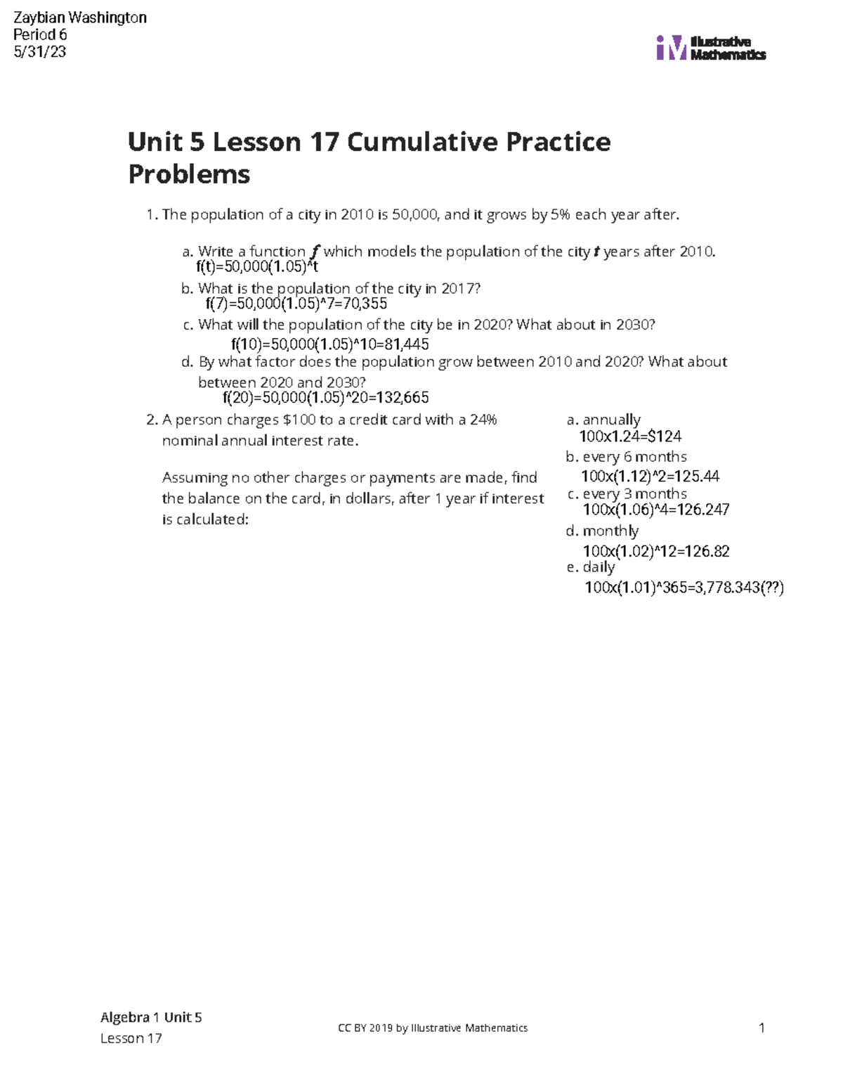 U5 L17 - Different Compounding Intervals - HW - Unit 5 Lesson 17 ...