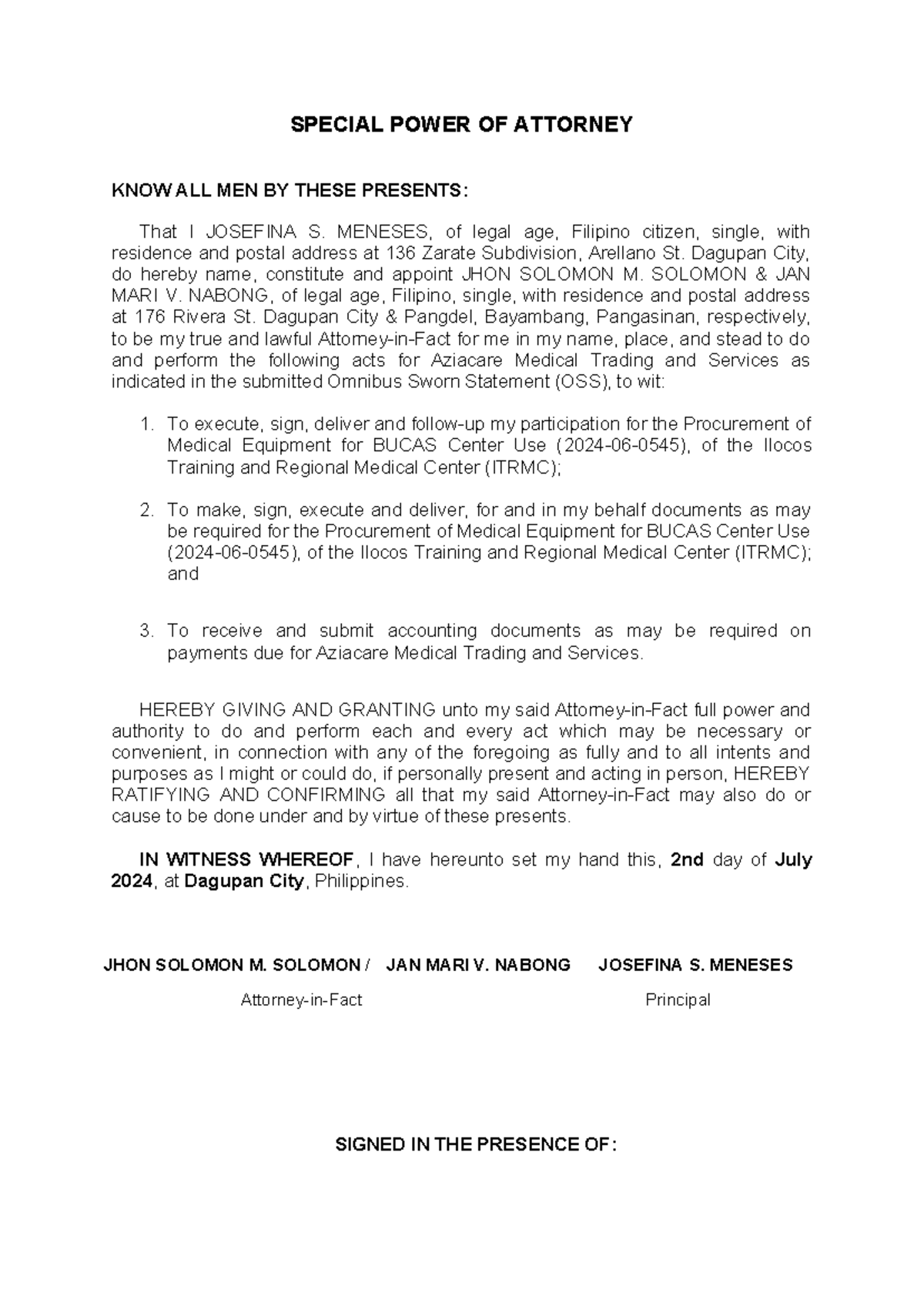 SPA 2024-056-0545 - sample draft spa - SPECIAL POWER OF ATTORNEY KNOW ...