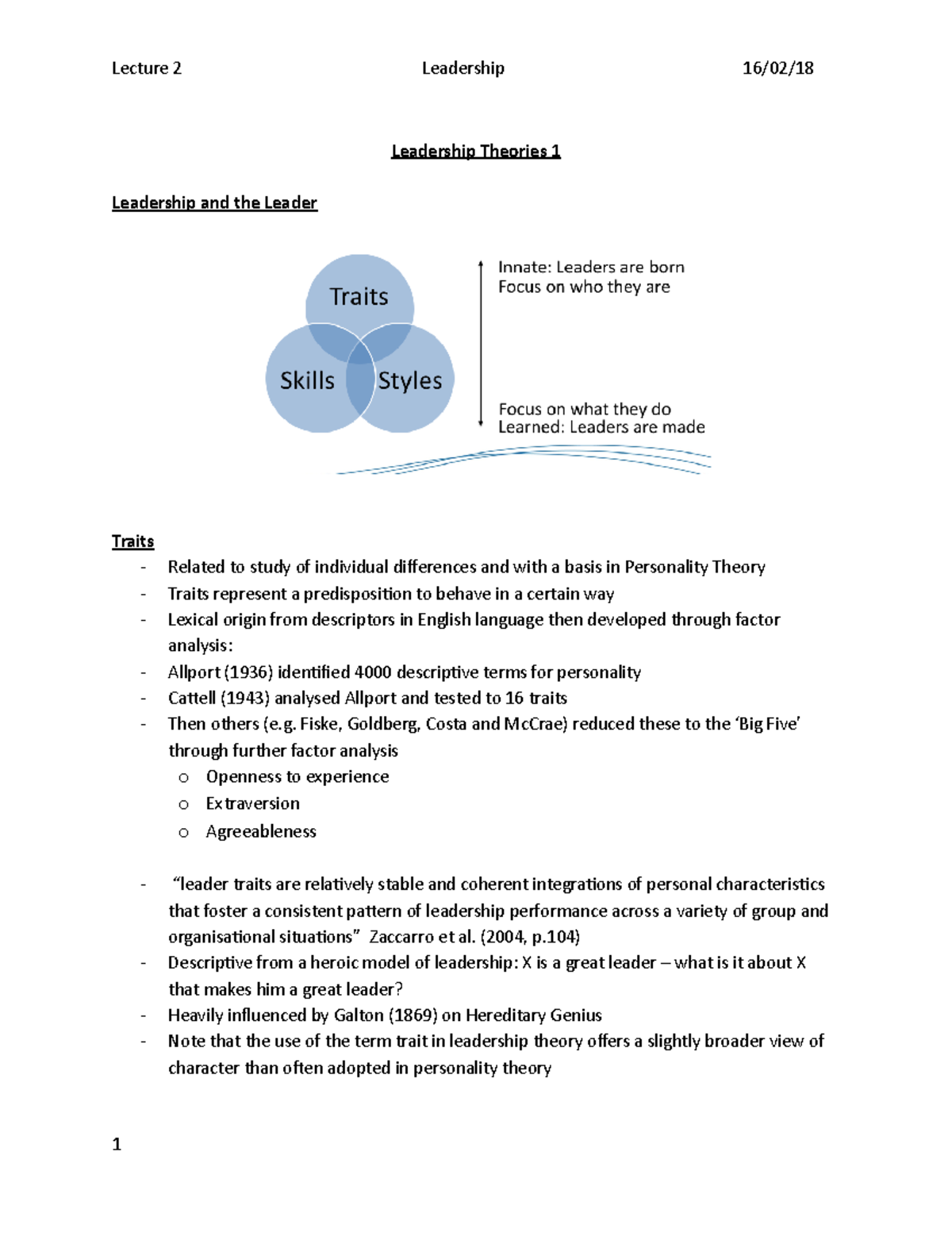 Leadership Lecture 2 Notes - Lecture 2 Leadership 16/02/18 Leadership ...