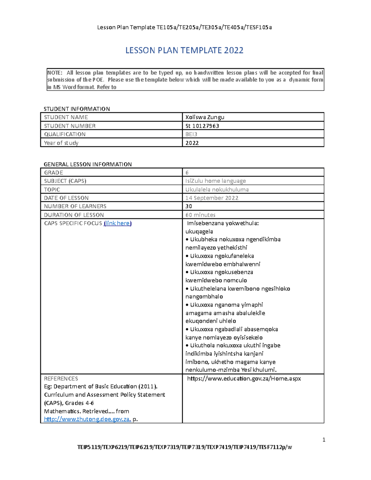 Isizulu Lesson Plan N a LESSON PLAN TEMPLATE 2022 NOTE All Lesson