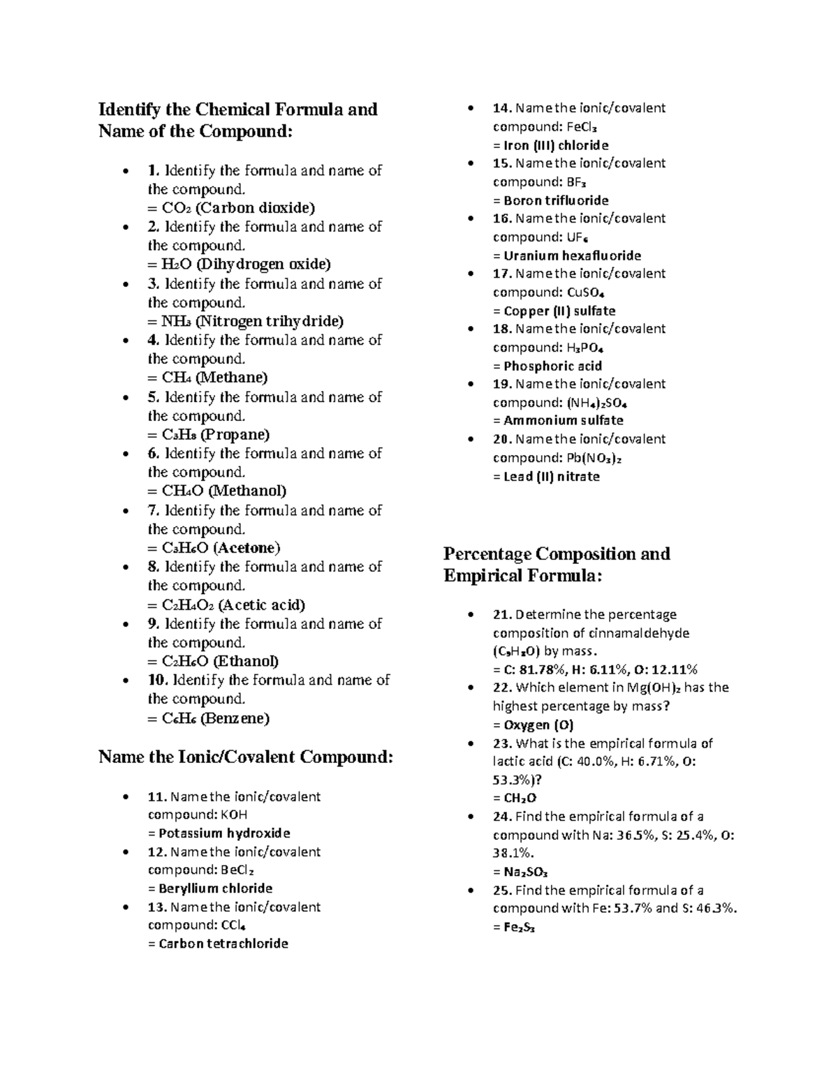 Gen Chem Reviewer (organized) - Identify the Chemical Formula and Name ...