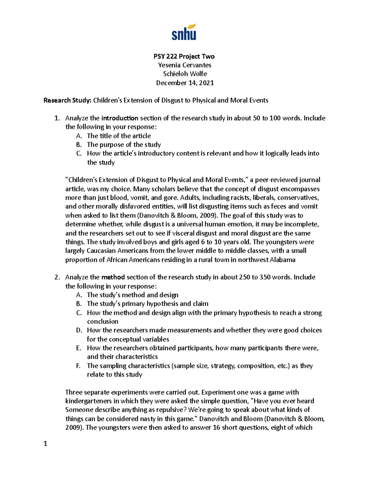 PSY222 Project Two - Research Study: Children’s Extension of Disgust to ...