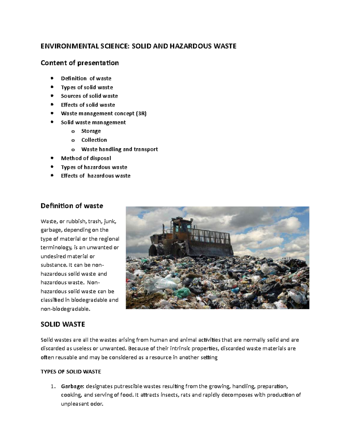 Environmental Science 1 - ENVIRONMENTAL SCIENCE: SOLID AND HAZARDOUS ...