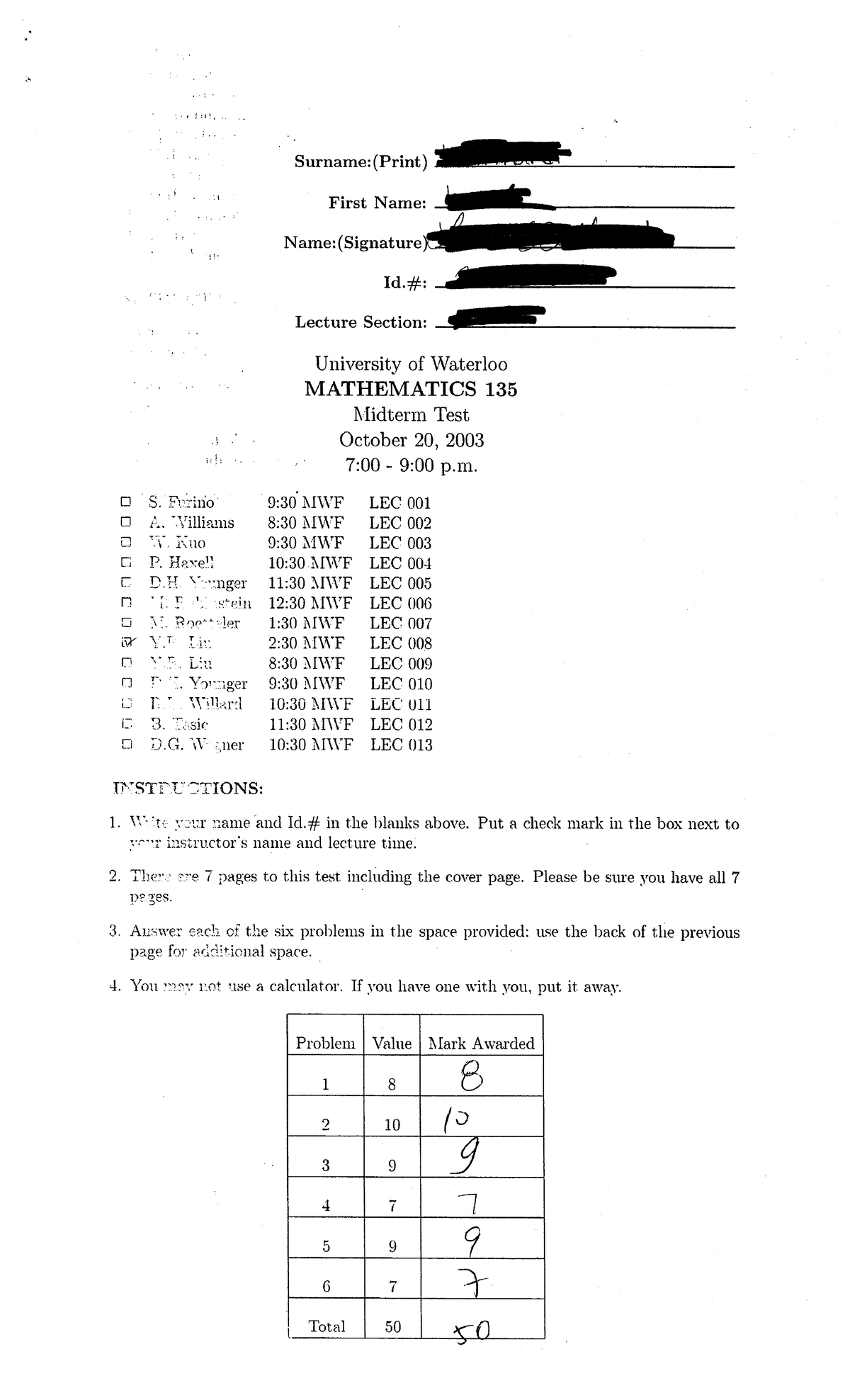 Midterm 2003 - Math 135 - Studocu