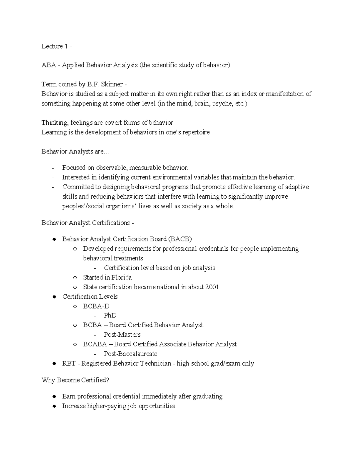 Combined Notes - Lecture 1 - ABA - Applied Behavior Analysis (the ...